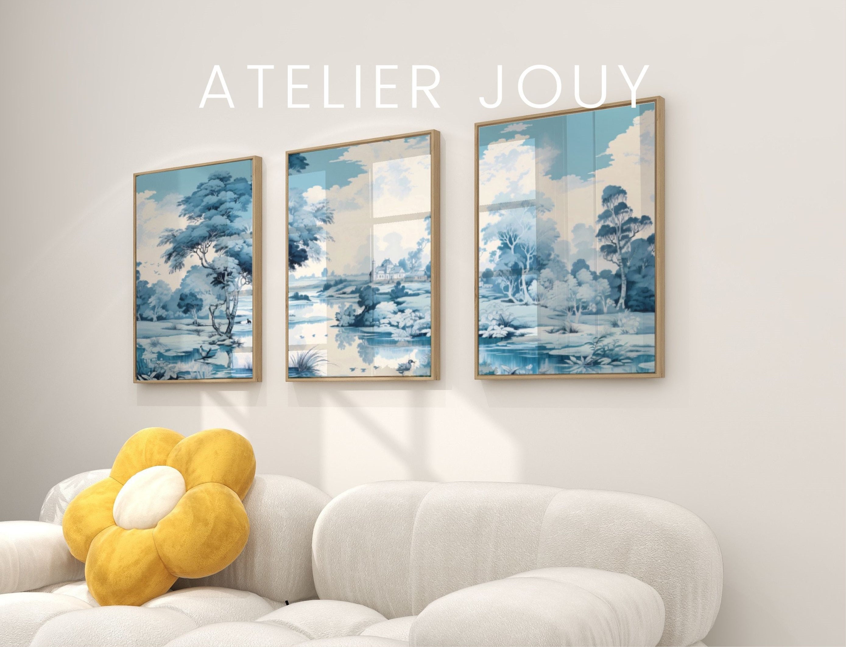 Toile De Jouy Pattern Light Blue Wall Art 3 Piece Wall Art Set ...