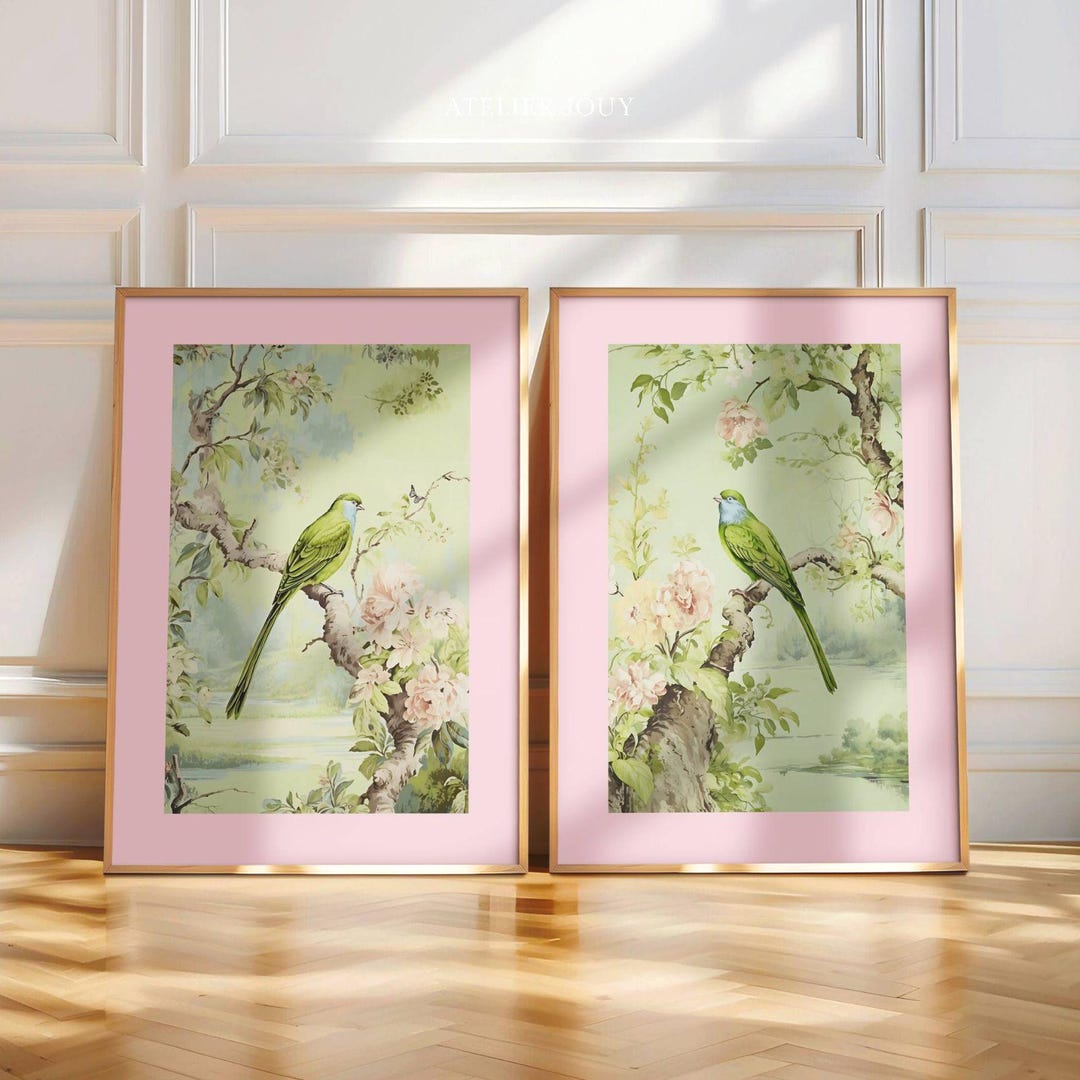 Pink & Green Bird Prints: Pastel Wall Decor Set of 2 (digital Download ...