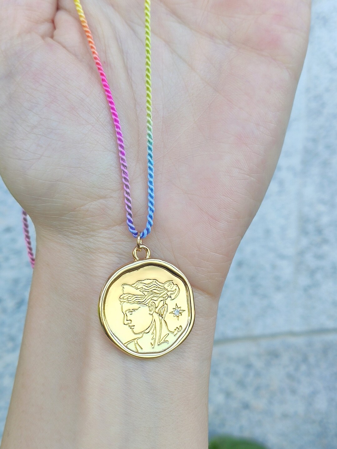 18K GOLD Ancient Greek Goddess Coin Charm Necklace, Roman Gods Ancient ...
