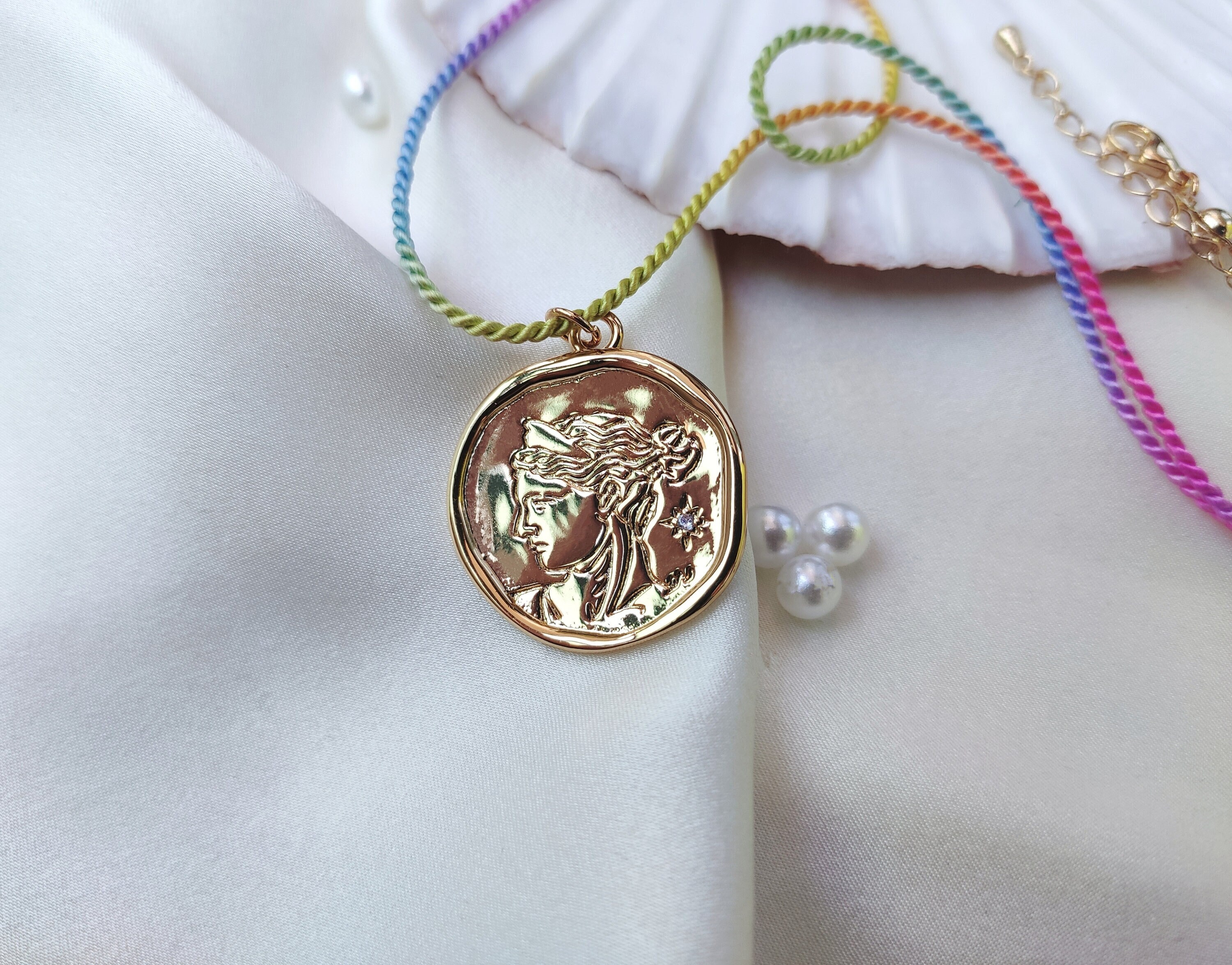 18K GOLD Ancient Greek Goddess Coin Charm Necklace, Roman Gods Ancient ...