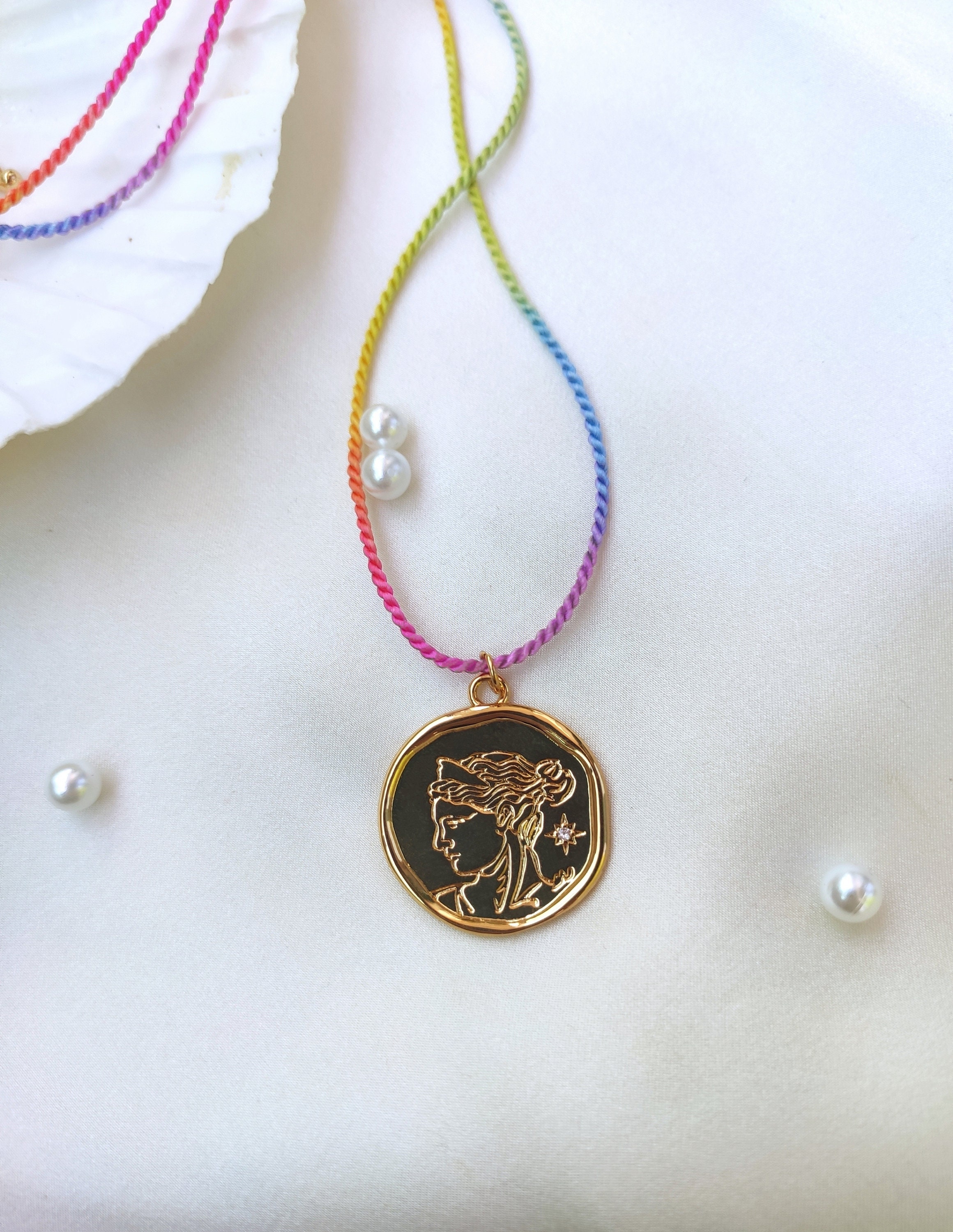 18K GOLD Ancient Greek Goddess Coin Charm Necklace, Roman Gods Ancient ...