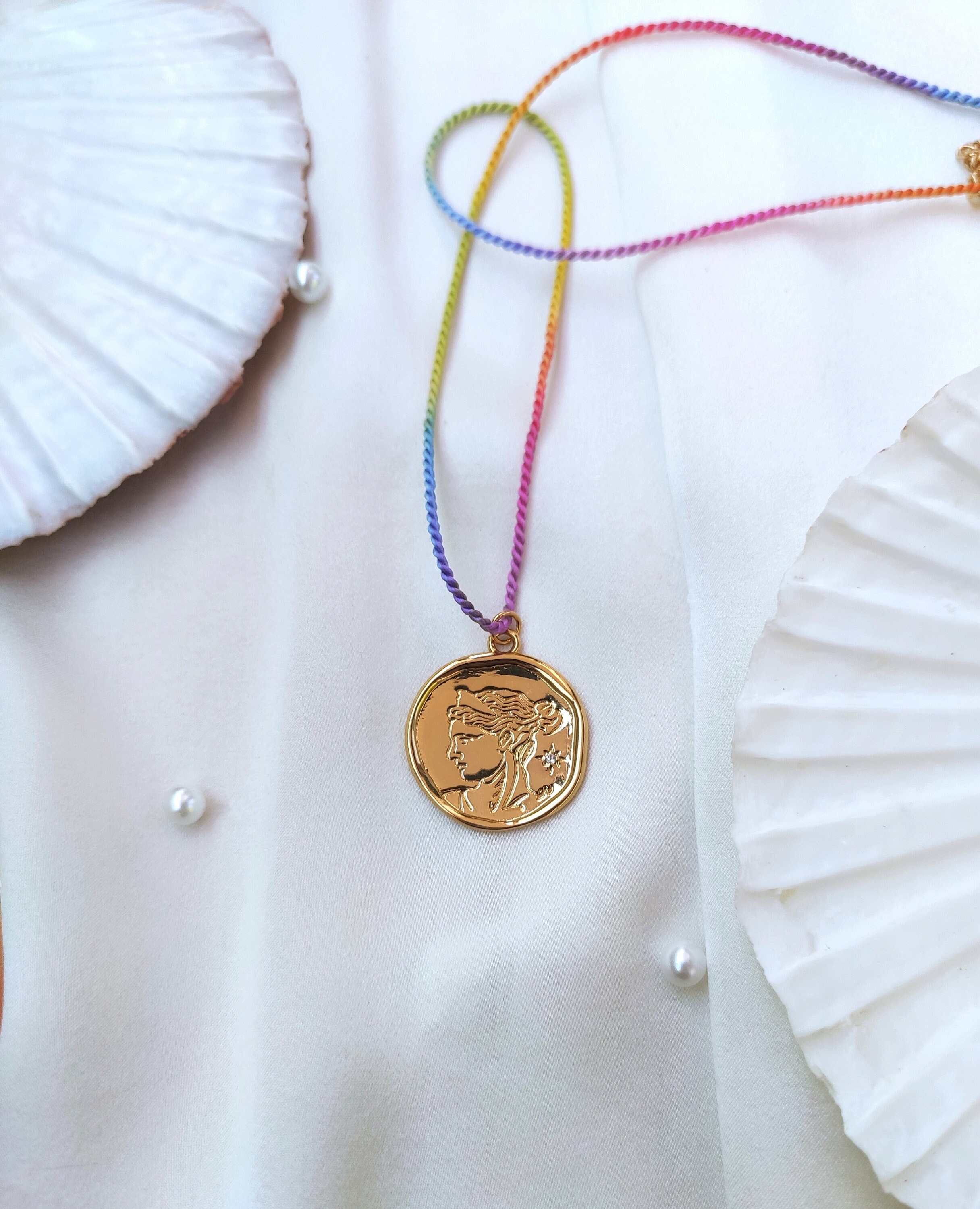 18K GOLD Ancient Greek Goddess Coin Charm Necklace, Roman Gods Ancient ...