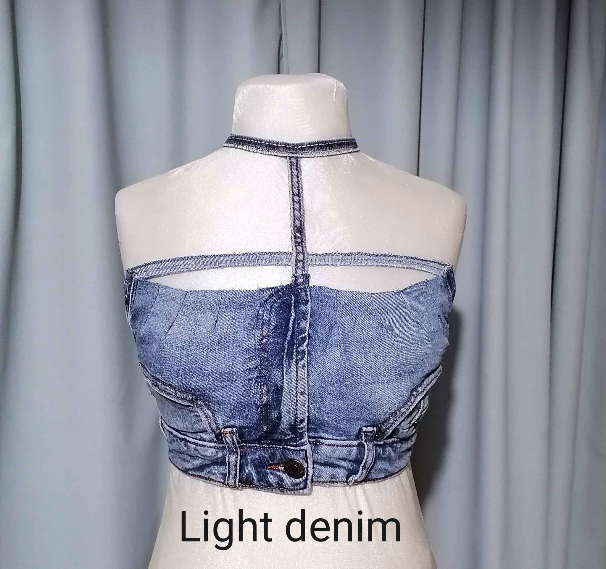 Denim Corset Crop Top Upcycled Chic Casual Wear Stylish Crop Top With Neck Tie Blue Denim Croop ...