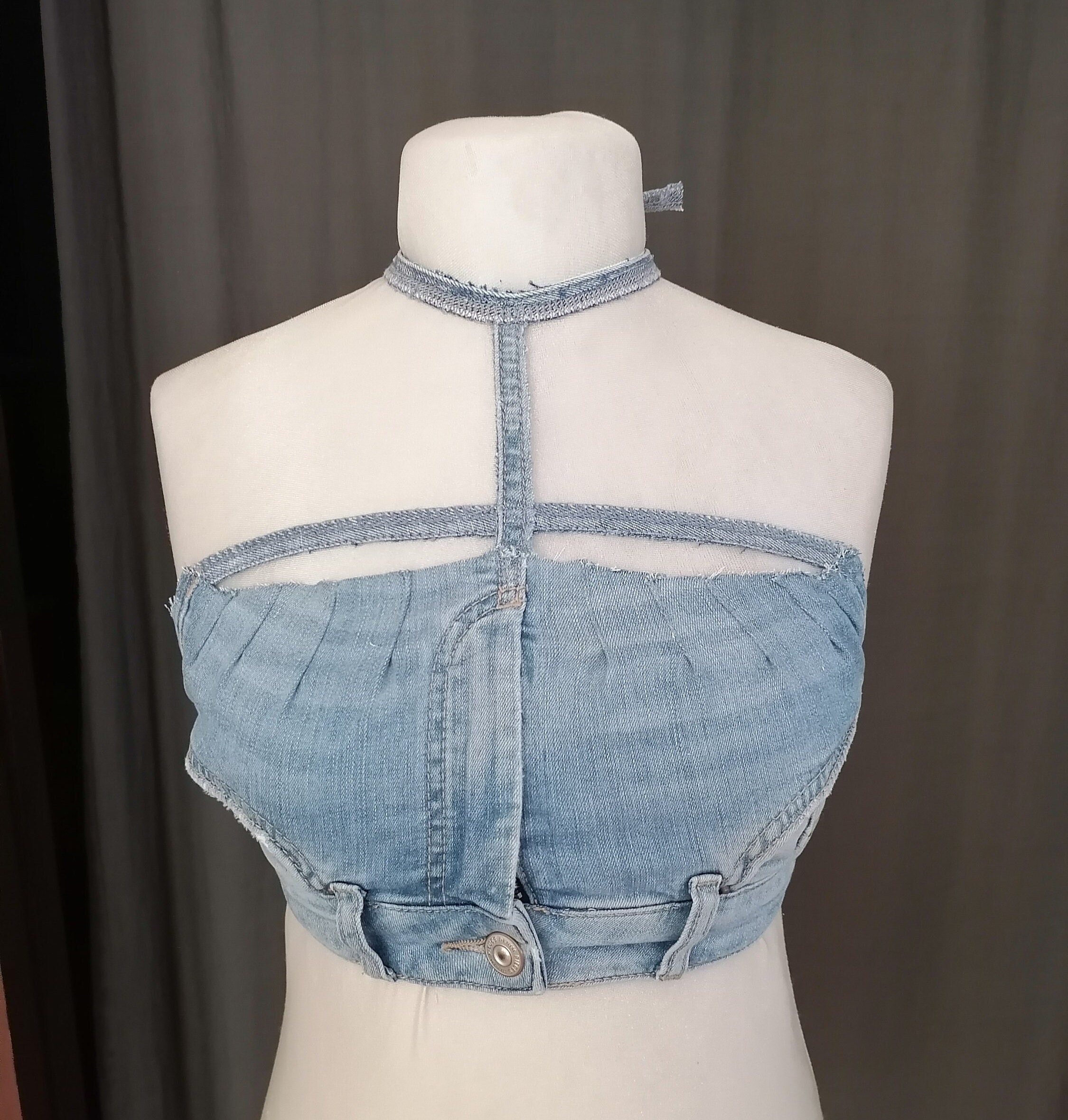 Denim Corset Crop Top Upcycled Chic Casual Wear Stylish Crop Top With Neck Tie Blue Denim Croop ...