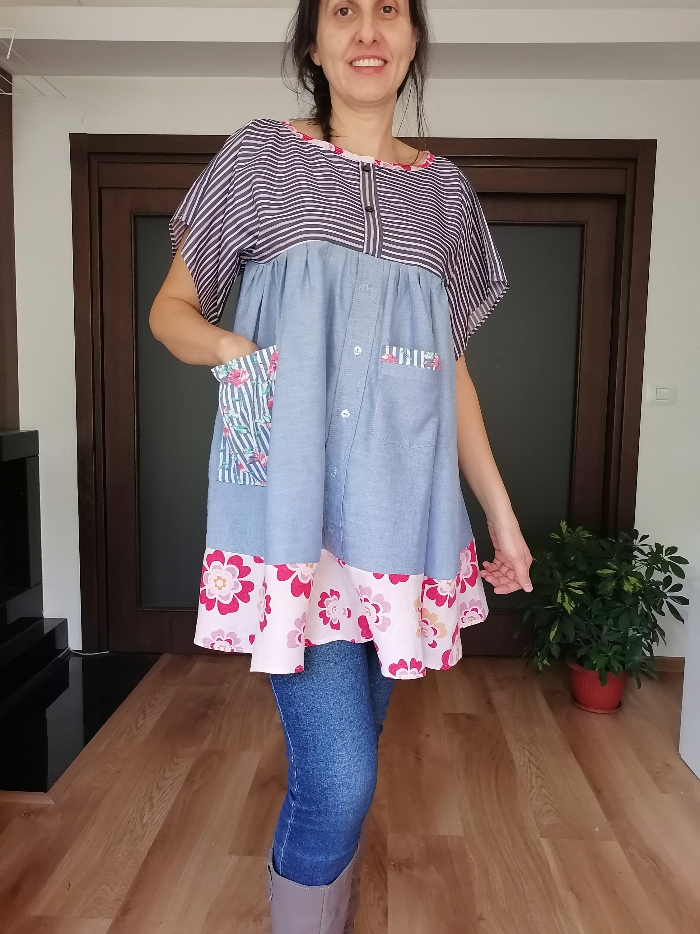 Tunic Patchwork Dress in Boho Style, Loose Shabby Chic Duster ...