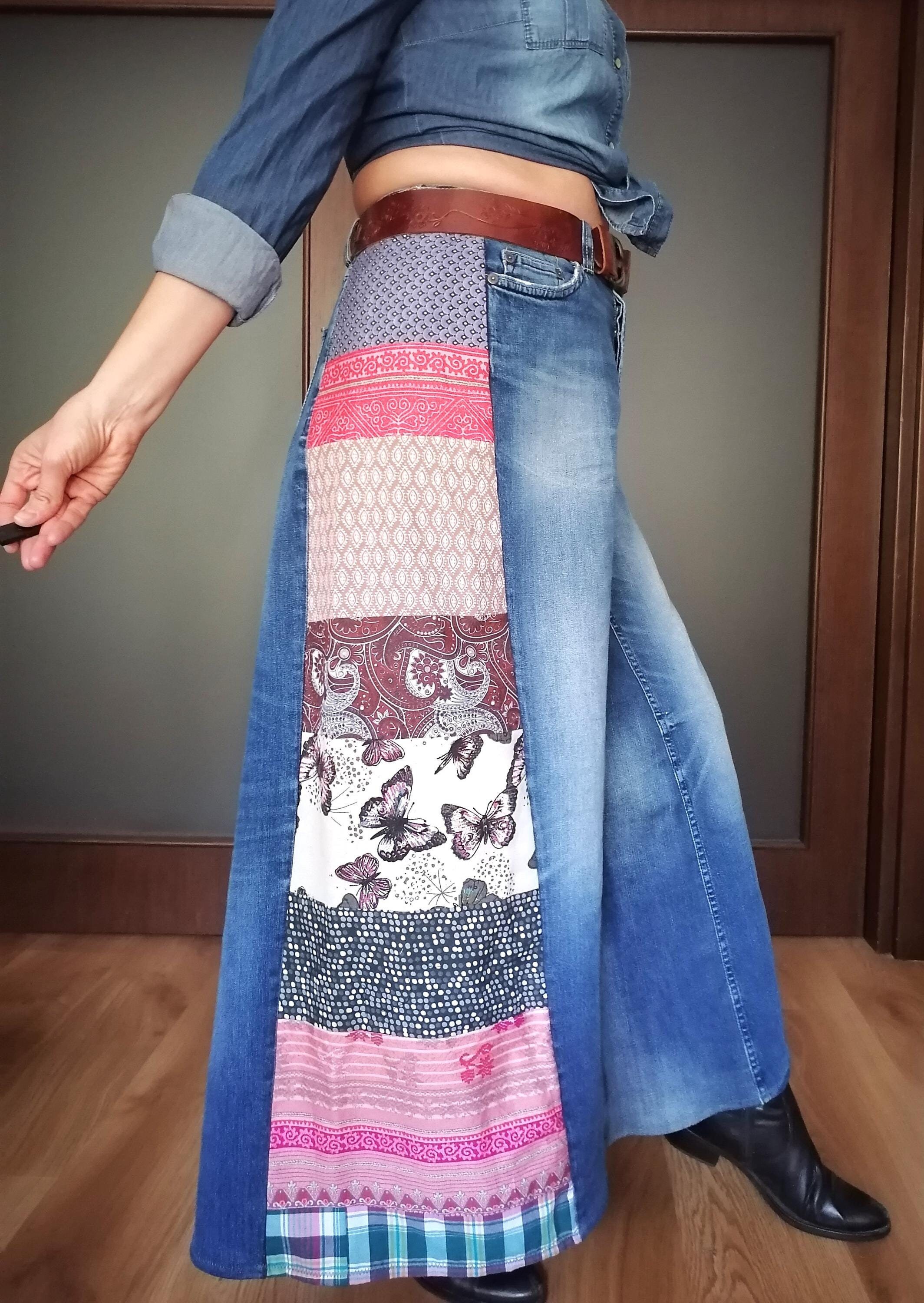 Colorful Patchwork Skirt ,hippie Denim Skirt, Quilt Boho Jeans Skirt, Hight Waist Maxi Skirt ...