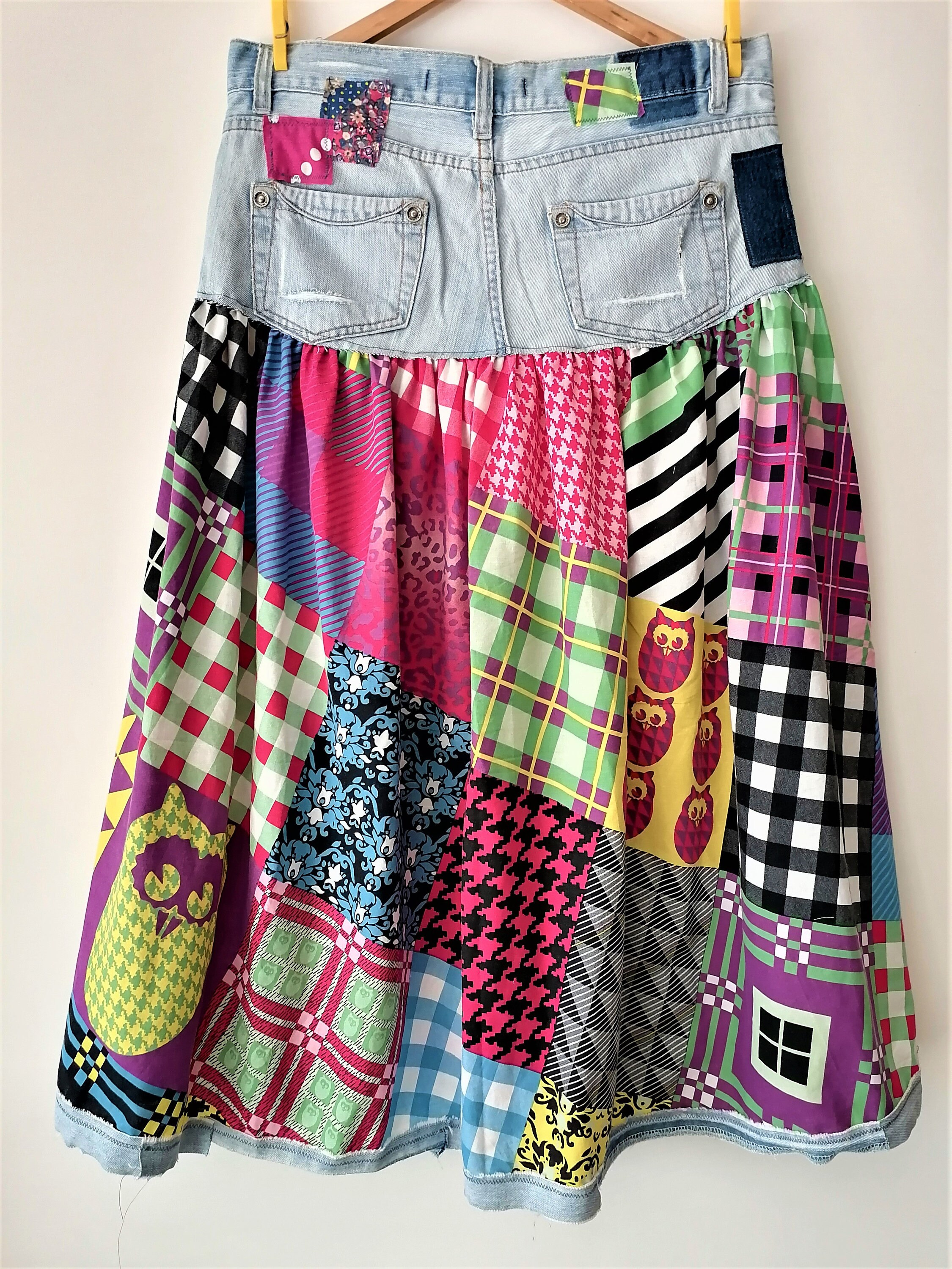 Jeans Skirt Upcycled Long Boho Style With Patches, Perfect for Chic ...