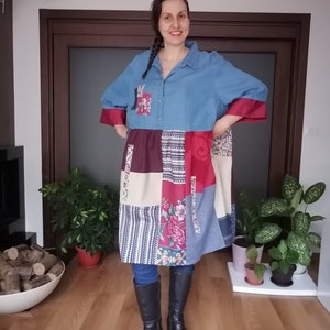 Boho Upcycled Tunic Dress Patchwork Hippie Duster, Eco-friendly Farm Chic Top, Country Oversized ...