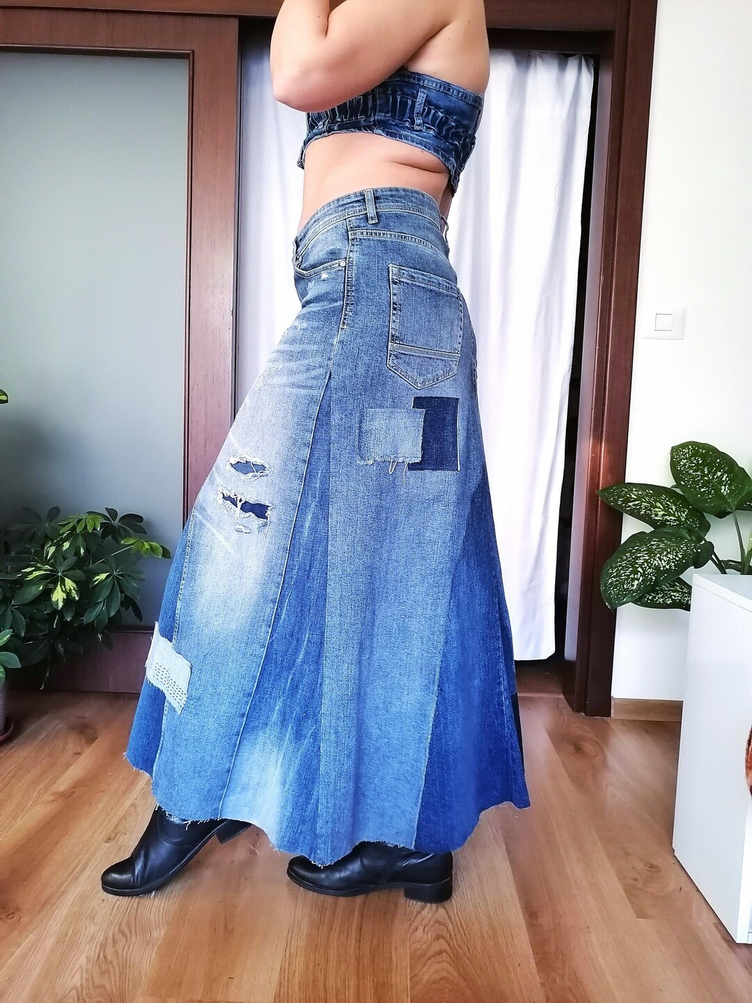 Ripped Denim Maxi Skirt - Patched Bohemian High Waist Skirt - Upcycled ...