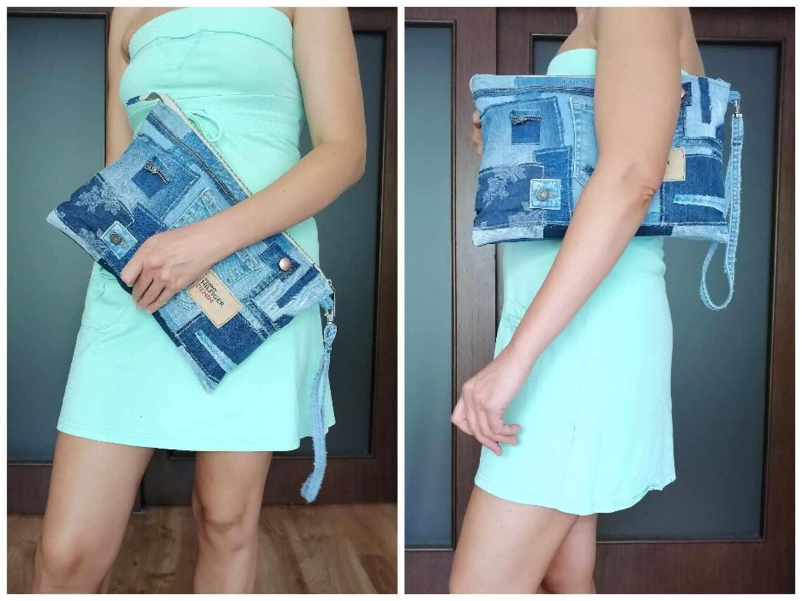 Accessories Patchwork Pouch Jeans Boho Purse Denim Clutch Jeans Tablet ...