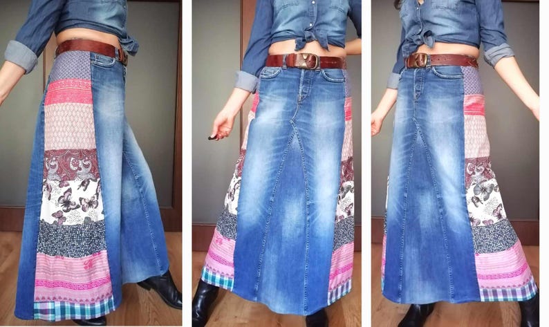 Colorful Patchwork Skirt ,hippie Denim Skirt, Quilt Boho Jeans Skirt, Hight Waist Maxi Skirt ...