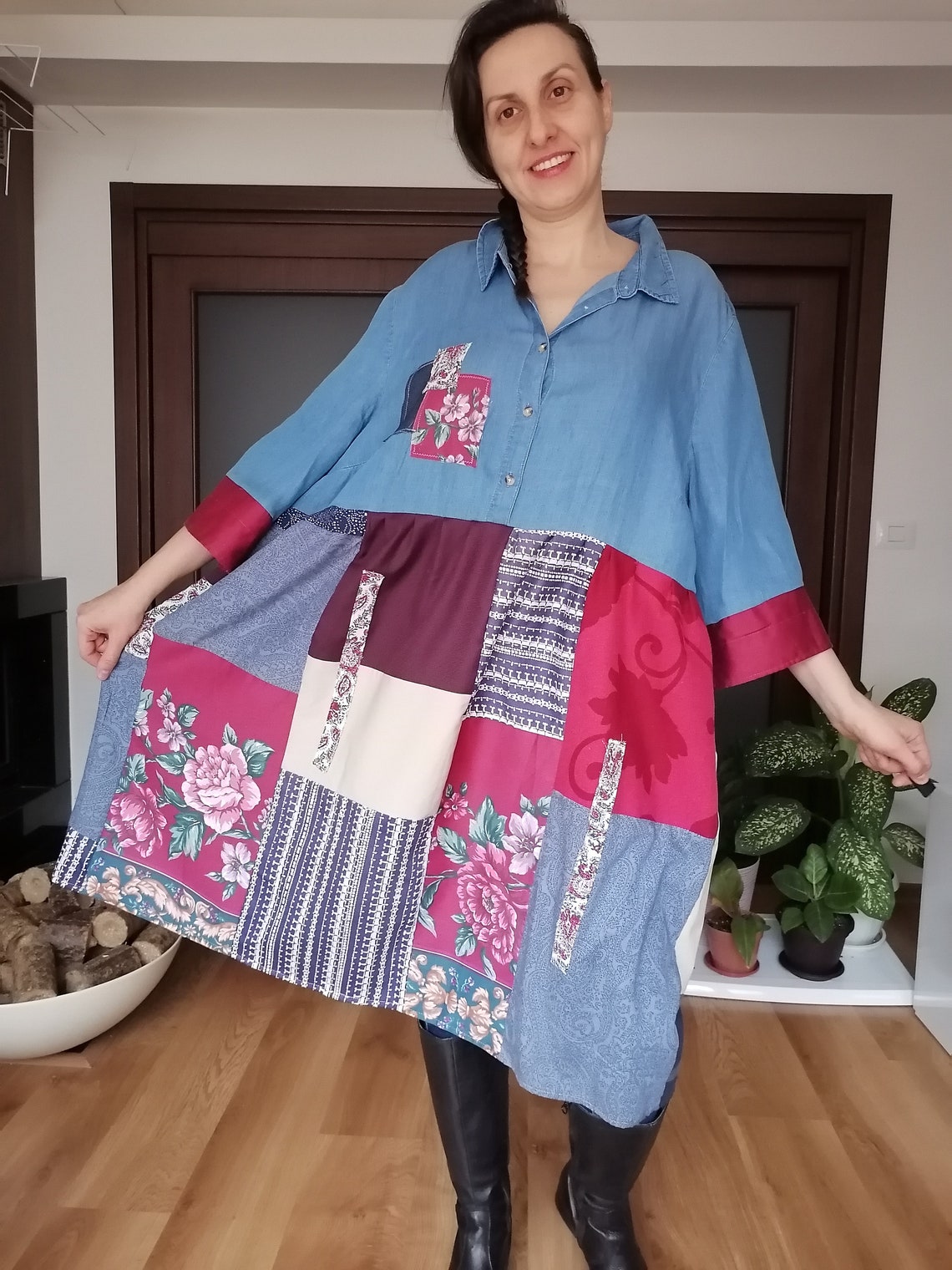 Boho Upcycled Tunic Dress Patchwork Hippie Duster, Eco-friendly Farm Chic Top, Country Oversized ...