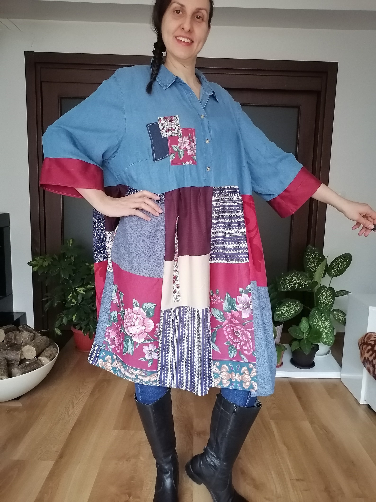 Boho Upcycled Tunic Dress Patchwork Hippie Duster, Eco-friendly Farm ...
