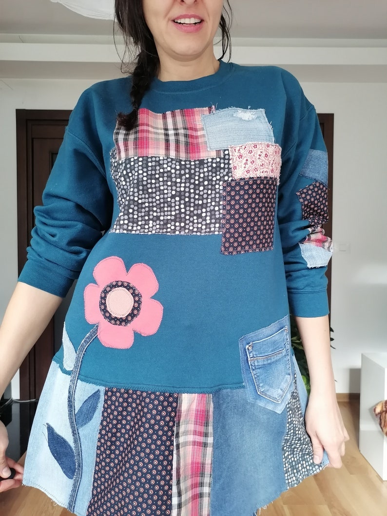 Sweatshirt Top Upcycled Boho Tunic, Flannel Bohemian Hippie Outfit for Festival Wear ,M-L, Gift ...