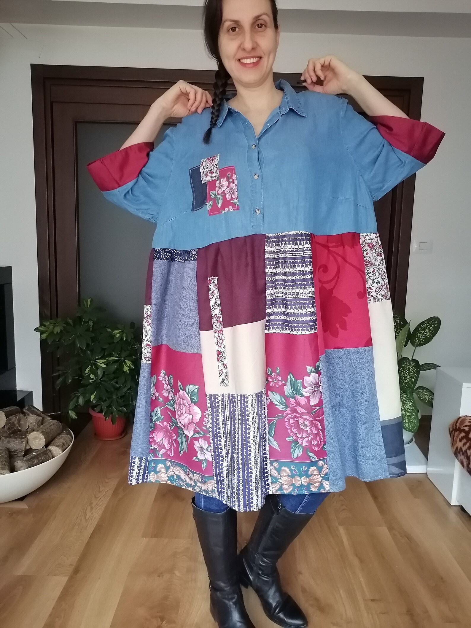 Boho Upcycled Tunic Dress Patchwork Hippie Duster, Eco-friendly Farm Chic Top, Country Oversized ...