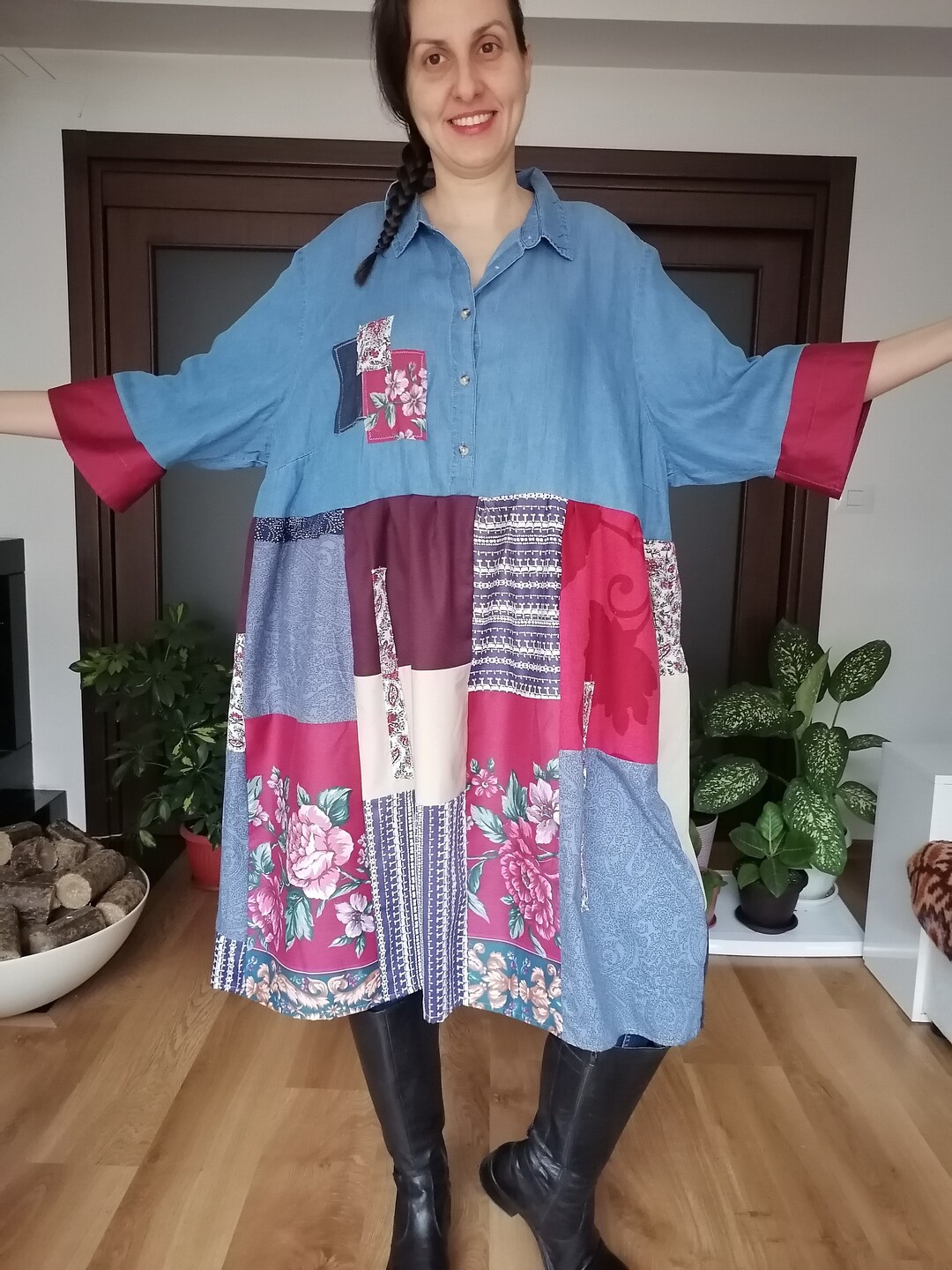 Boho Upcycled Tunic Dress Patchwork Hippie Duster, Eco-friendly Farm ...