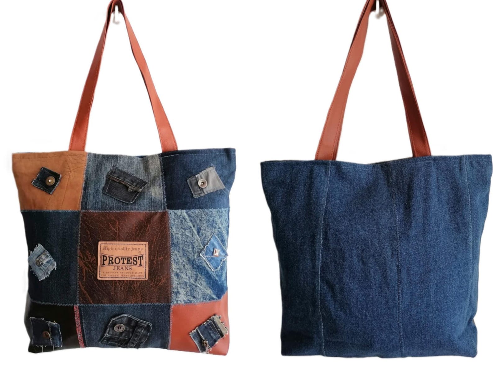 Denim Patchwork Tote Bag Origami Jeans Hobo Bag , Casual Market Bag ...
