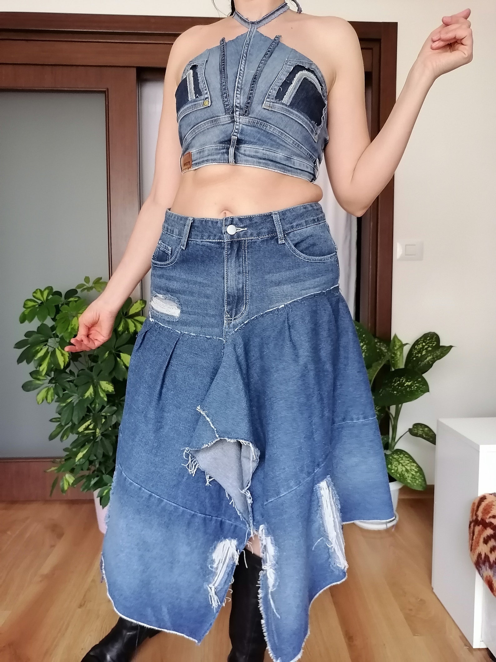 Jeans Skirt,boho Upcycled Denim Skirt, Distressed Jean Skirt , Vintage ...