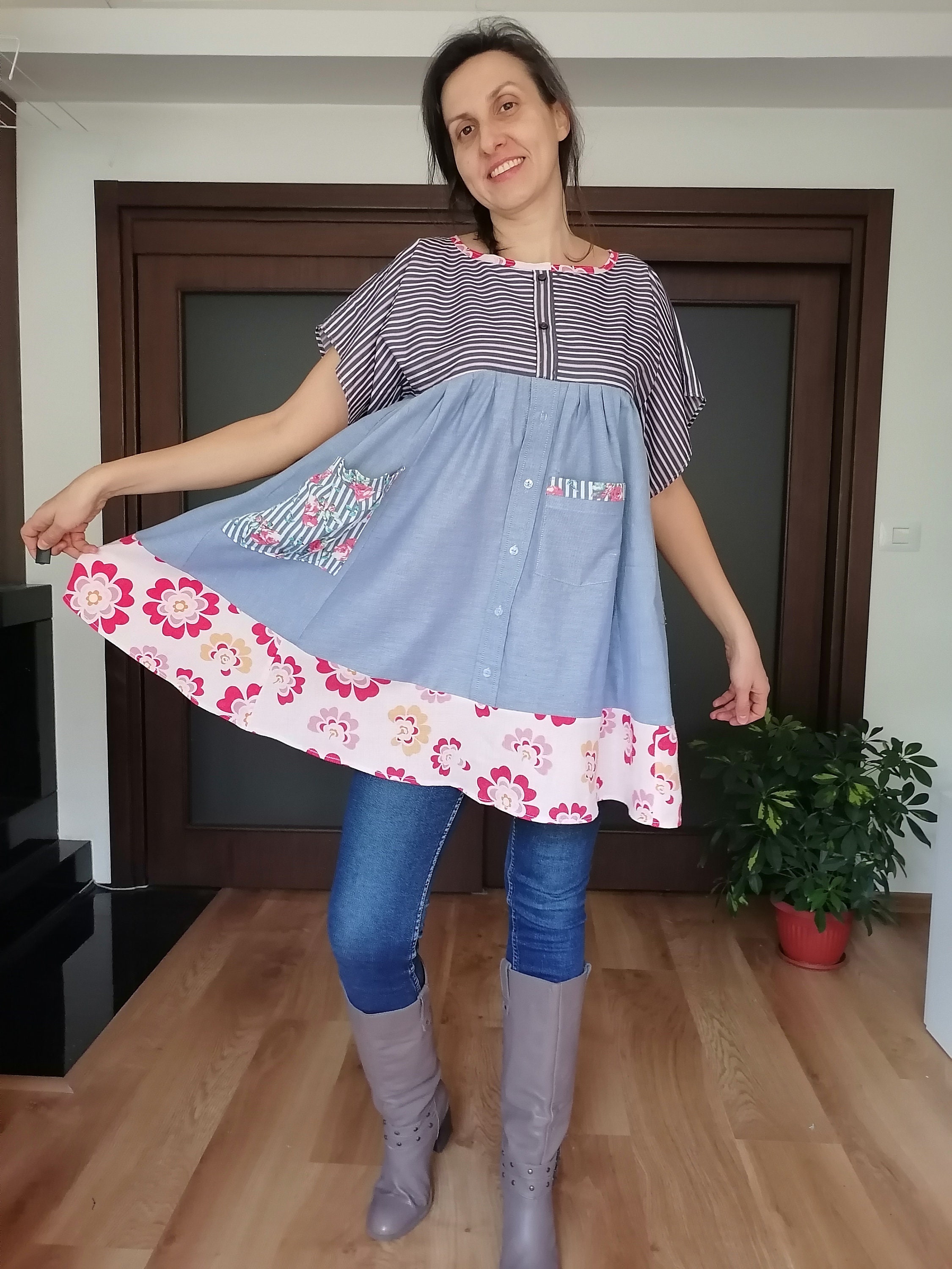 Tunic Patchwork Dress in Boho Style, Loose Shabby Chic Duster ...