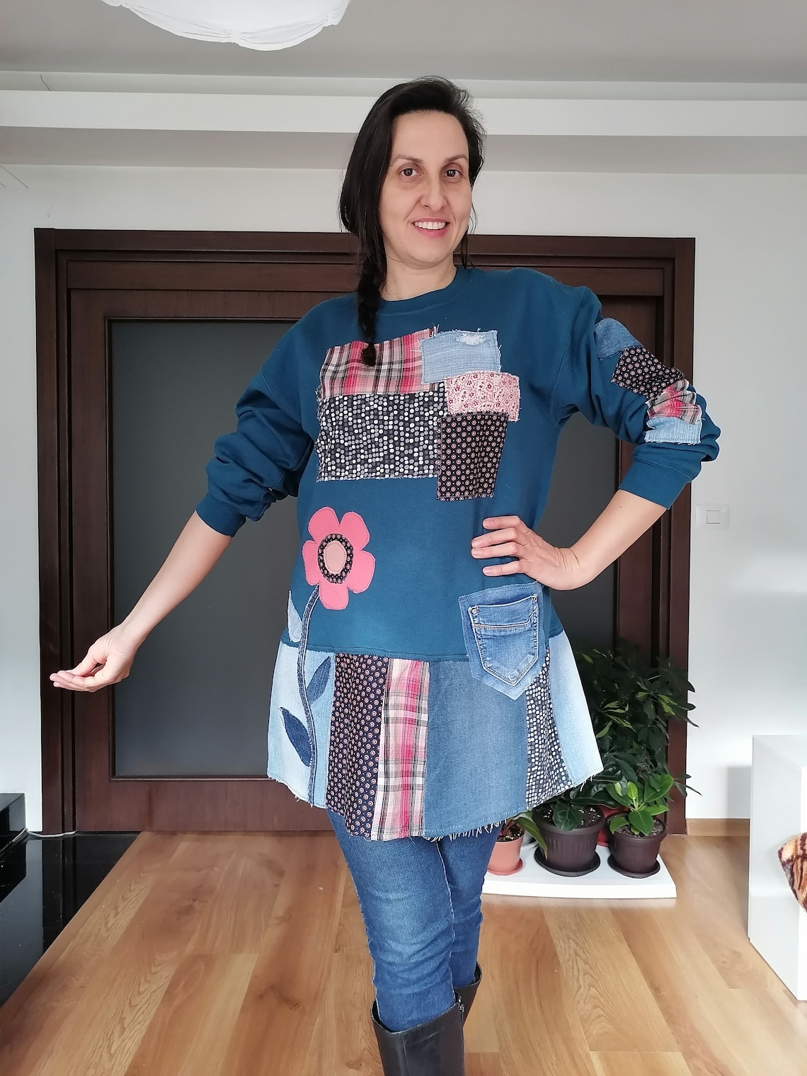 Sweatshirt Top Upcycled Boho Tunic, Flannel Bohemian Hippie Outfit for Festival Wear ,M-L, Gift ...