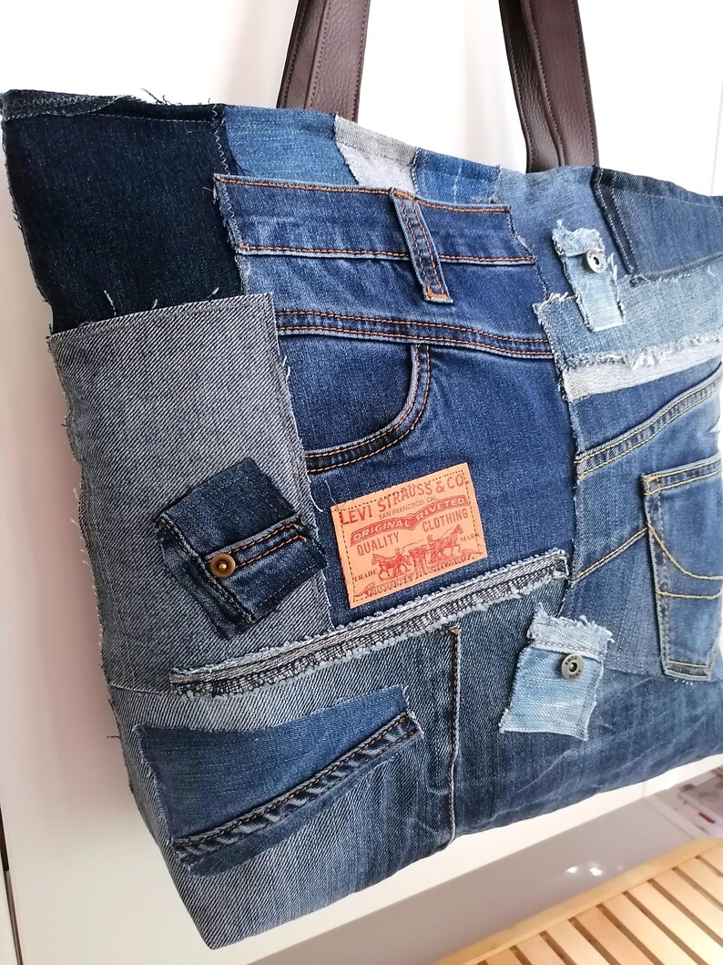 Denim Patchwork Tote Bag ,jeans Hobo Bag , Casual Market Bag Upcycled ...