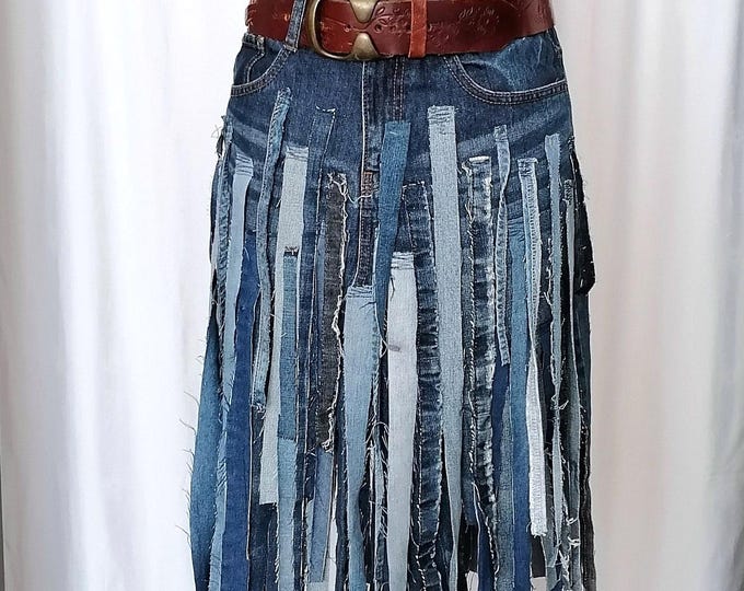 Upcycled Denim Skirt With Embroidery L, Asymmetrical Hemline, Boho ...