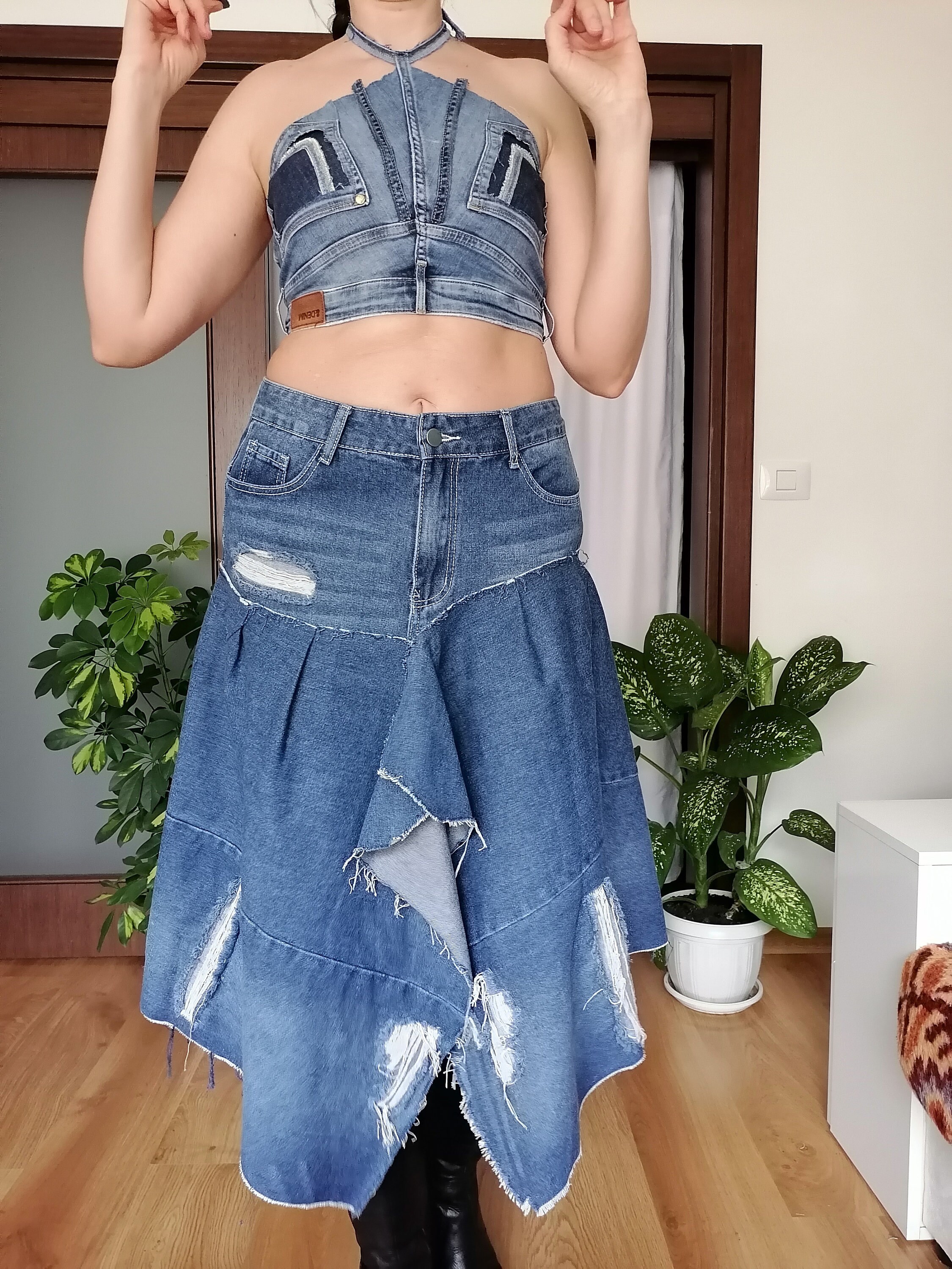 Jeans Skirt,boho Upcycled Denim Skirt, Distressed Jean Skirt , Vintage ...