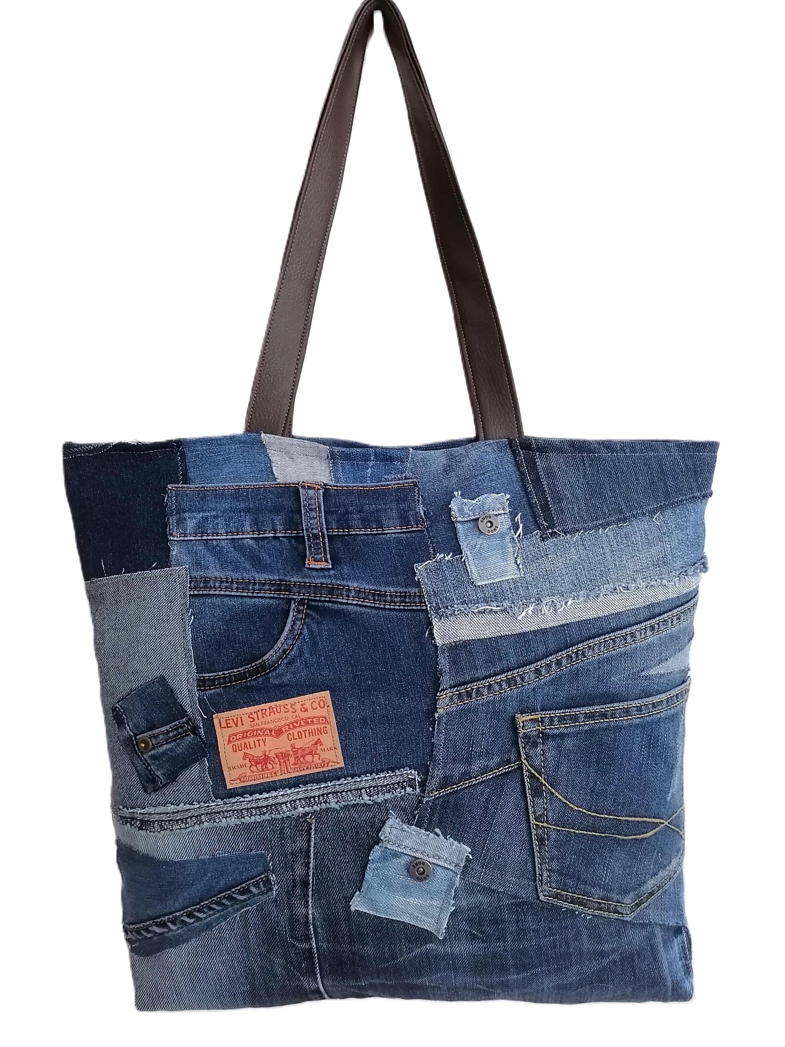Denim Patchwork Tote Bag ,jeans Hobo Bag , Casual Market Bag Upcycled ...