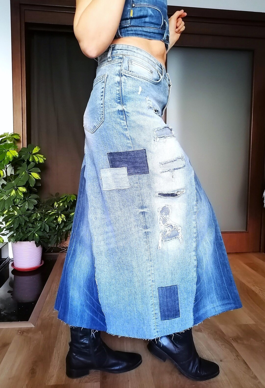 Extravagant Ripped Jeans Skirt Bohemian Denim Skirt Patched High Waist ...