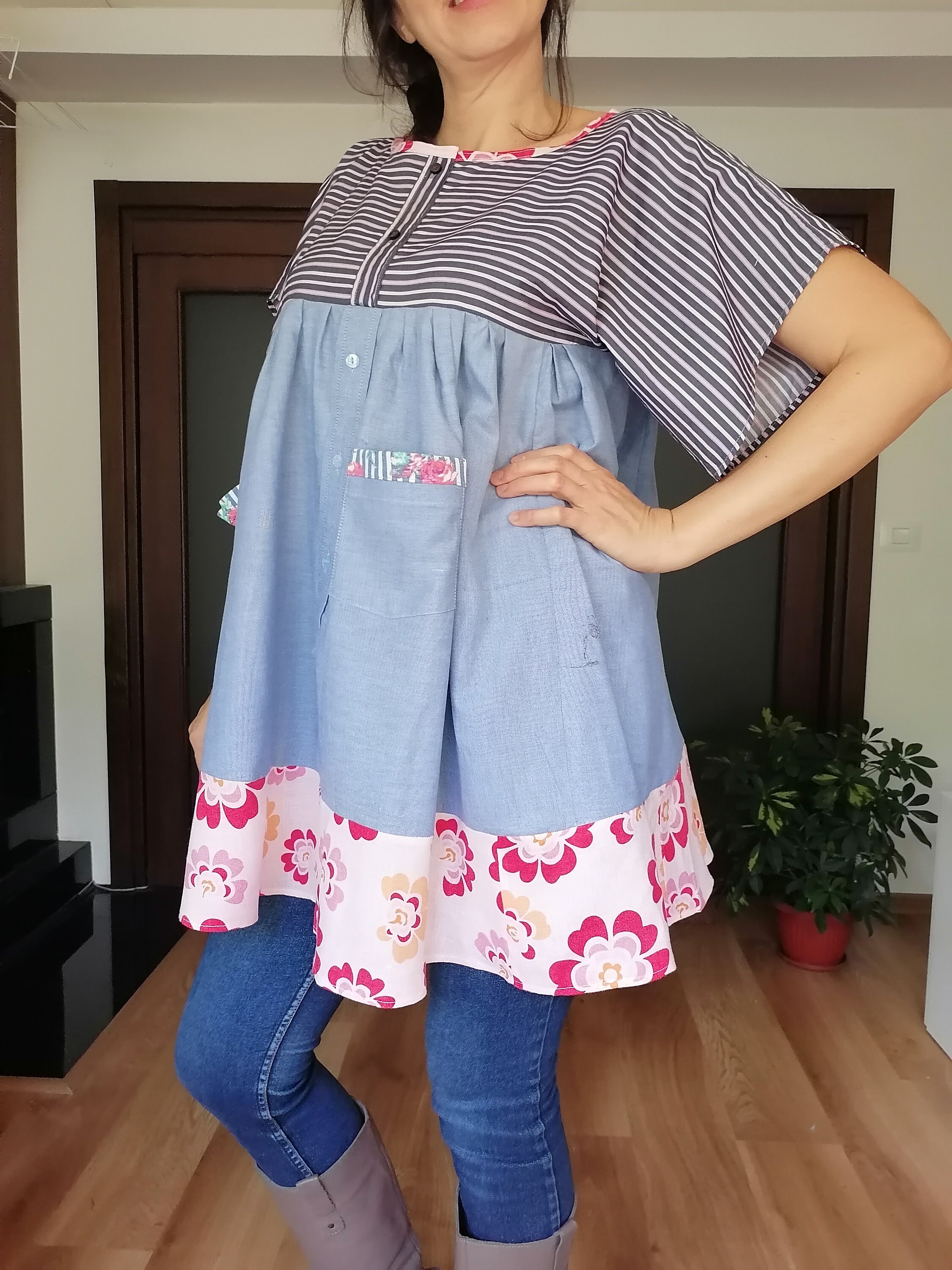 Tunic Patchwork Dress in Boho Style, Loose Shabby Chic Duster ...