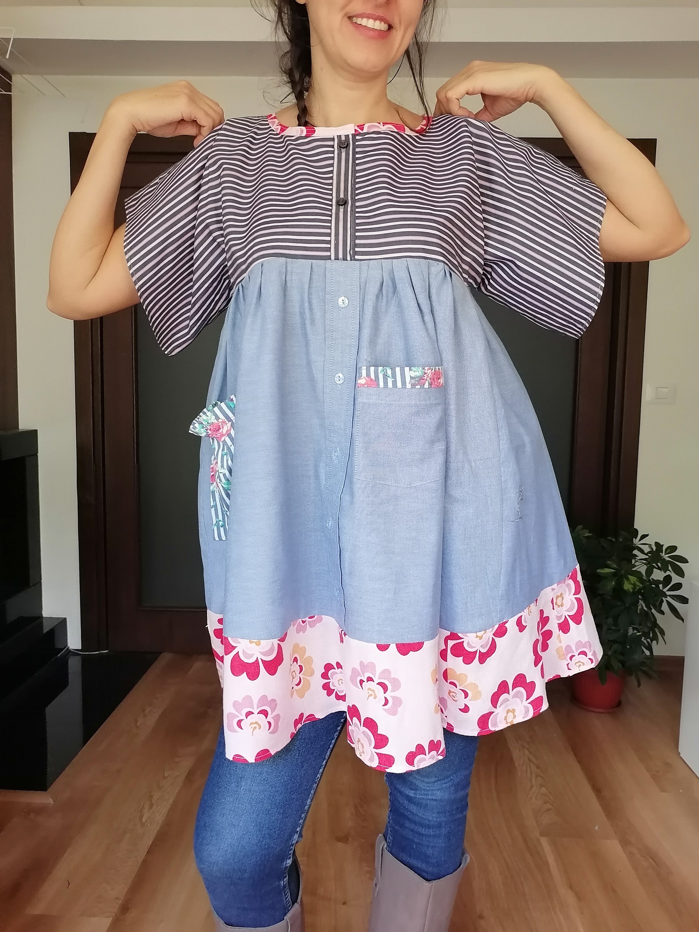 Tunic Patchwork Dress in Boho Style, Loose Shabby Chic Duster ...