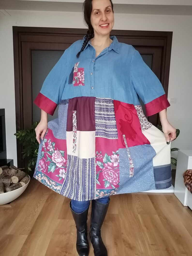 Boho Upcycled Tunic Dress Patchwork Hippie Duster, Eco-friendly Farm Chic Top, Country Oversized ...