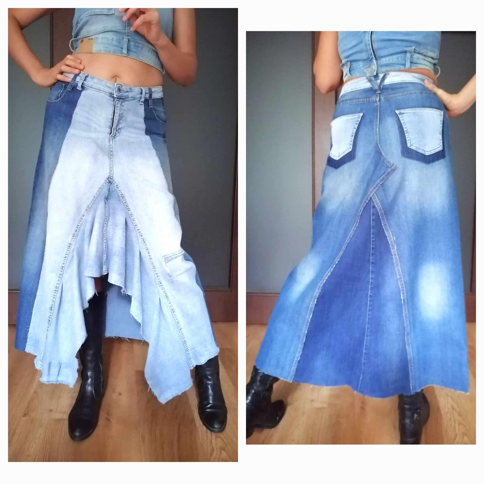 Extravagant High Low Denim Skirt Boho High Waist Skirt Ruffle Skirt ...
