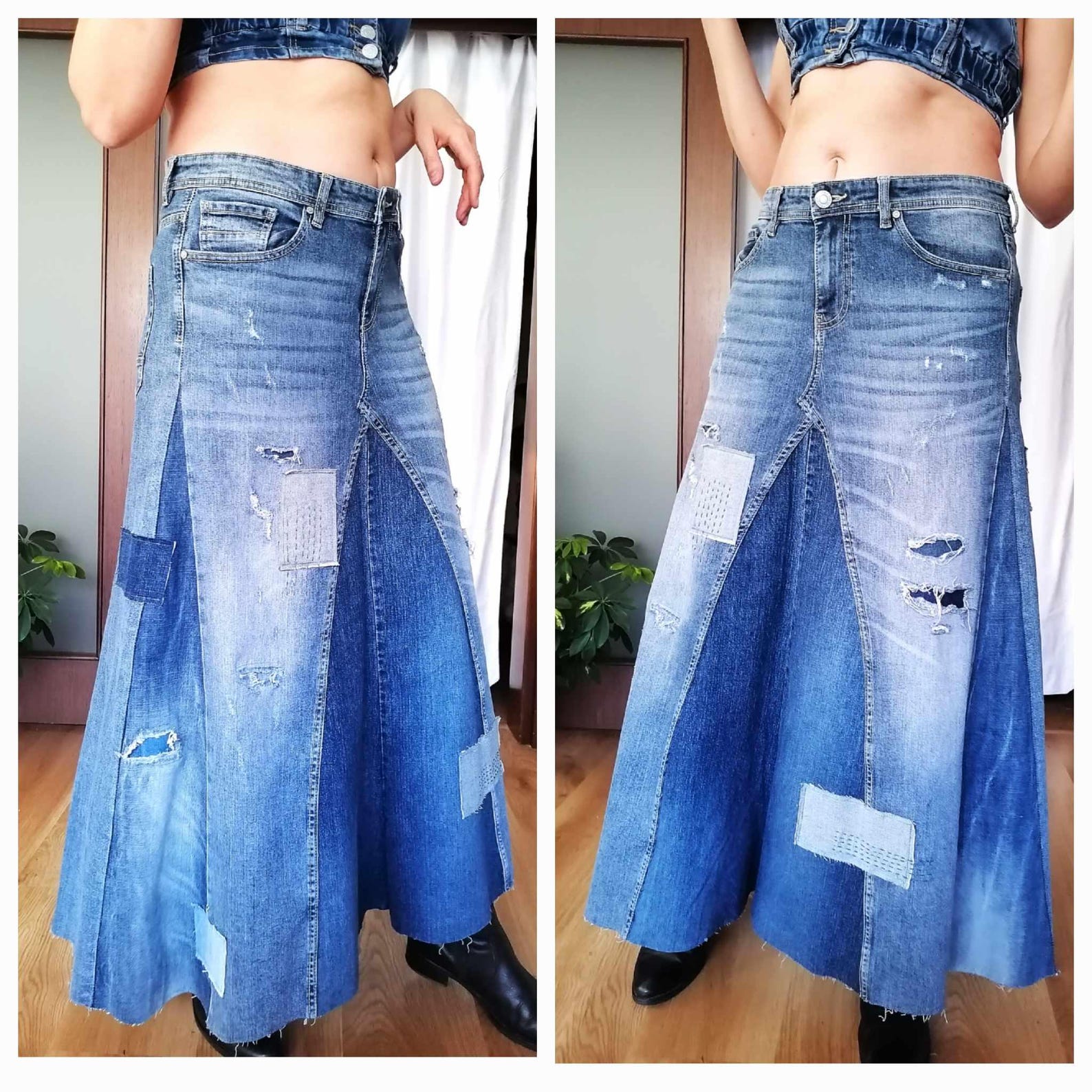 Colorful Patchwork Skirt ,hippie Denim Skirt, Quilt Boho Jeans Skirt, Hight Waist Maxi Skirt ...