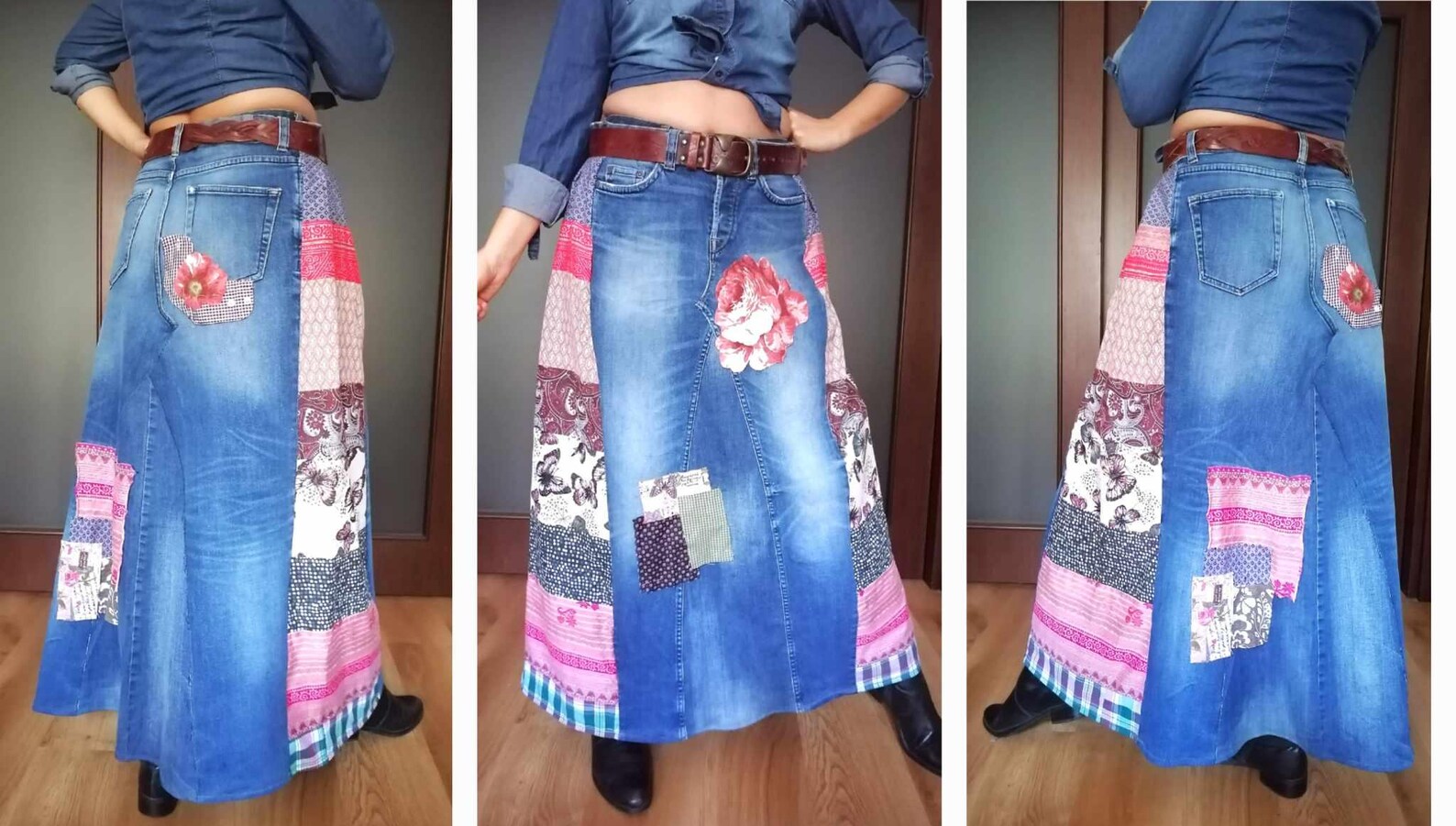 Colorful Patchwork Skirt ,hippie Denim Skirt, Quilt Boho Jeans Skirt, Hight Waist Maxi Skirt ...