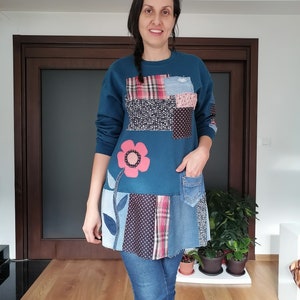 Sweatshirt Top Upcycled Boho Tunic, Flannel Bohemian Hippie Outfit for Festival Wear ,M-L, Gift ...