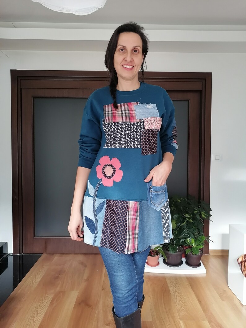 Sweatshirt Top Upcycled Boho Tunic, Flannel Bohemian Hippie Outfit for ...