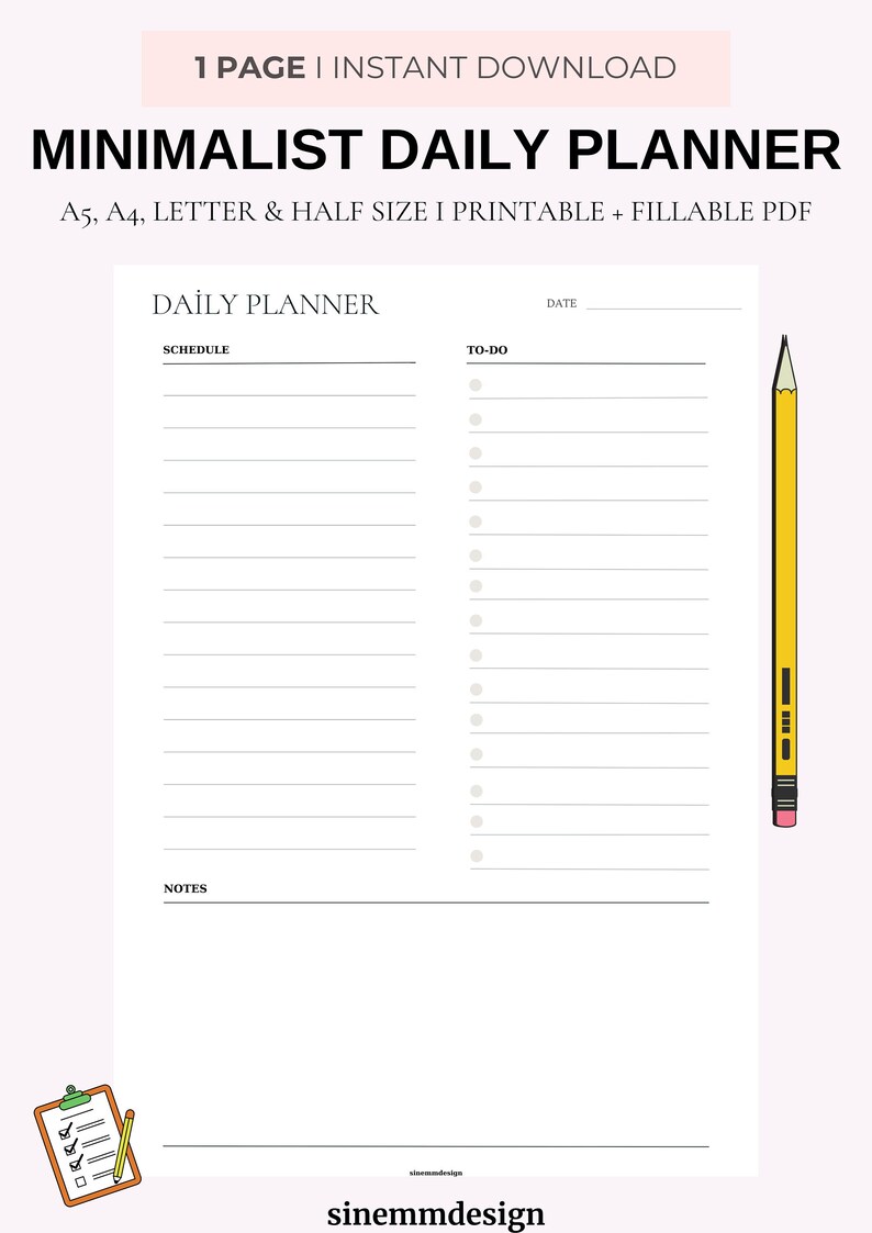 Minimalist Daily Planner Printable, Daily to Do List for Work/home ...