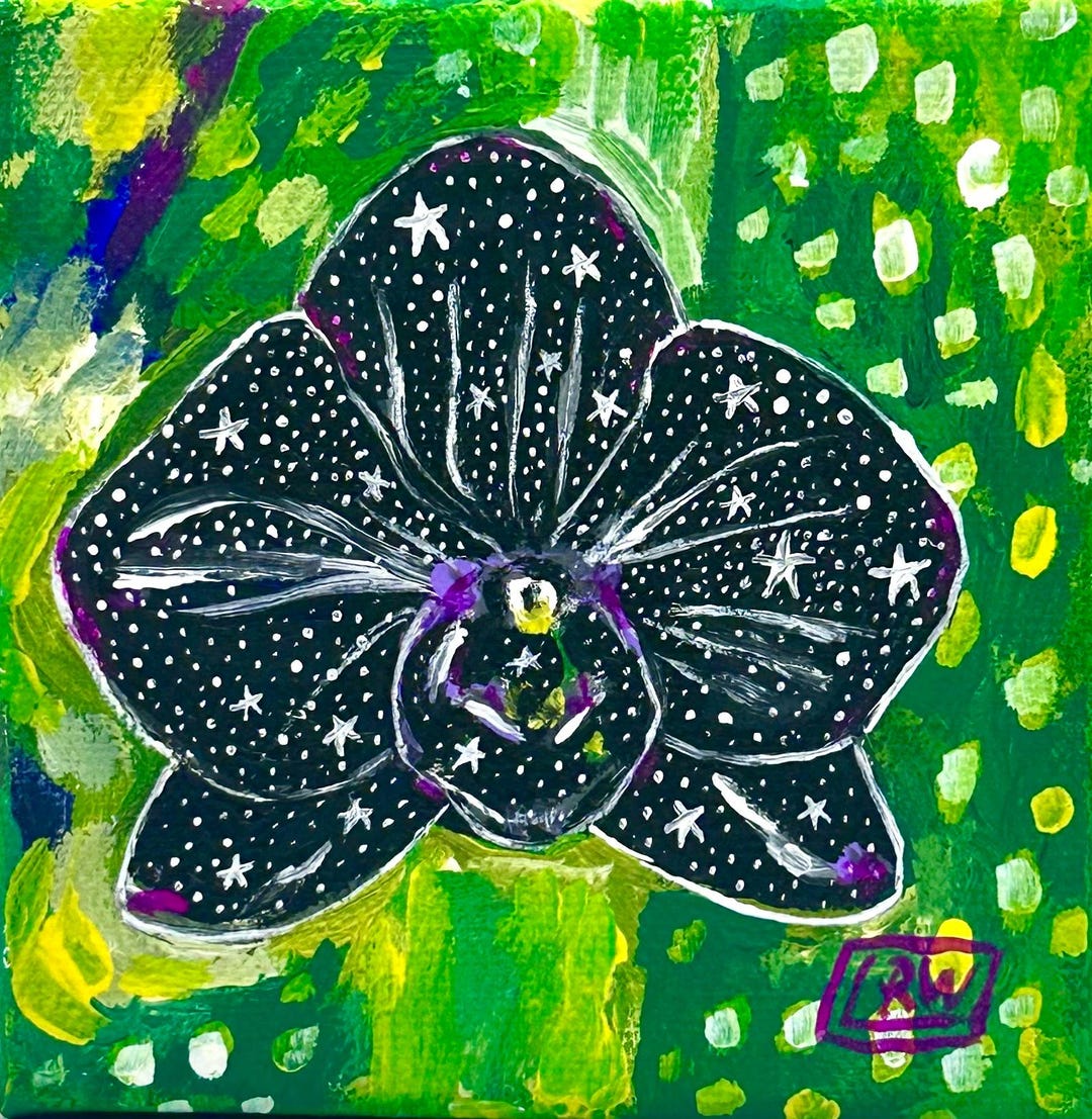 Orchid Painting, Mini Original Painting, Black Cosmic Orchid, Floral ...