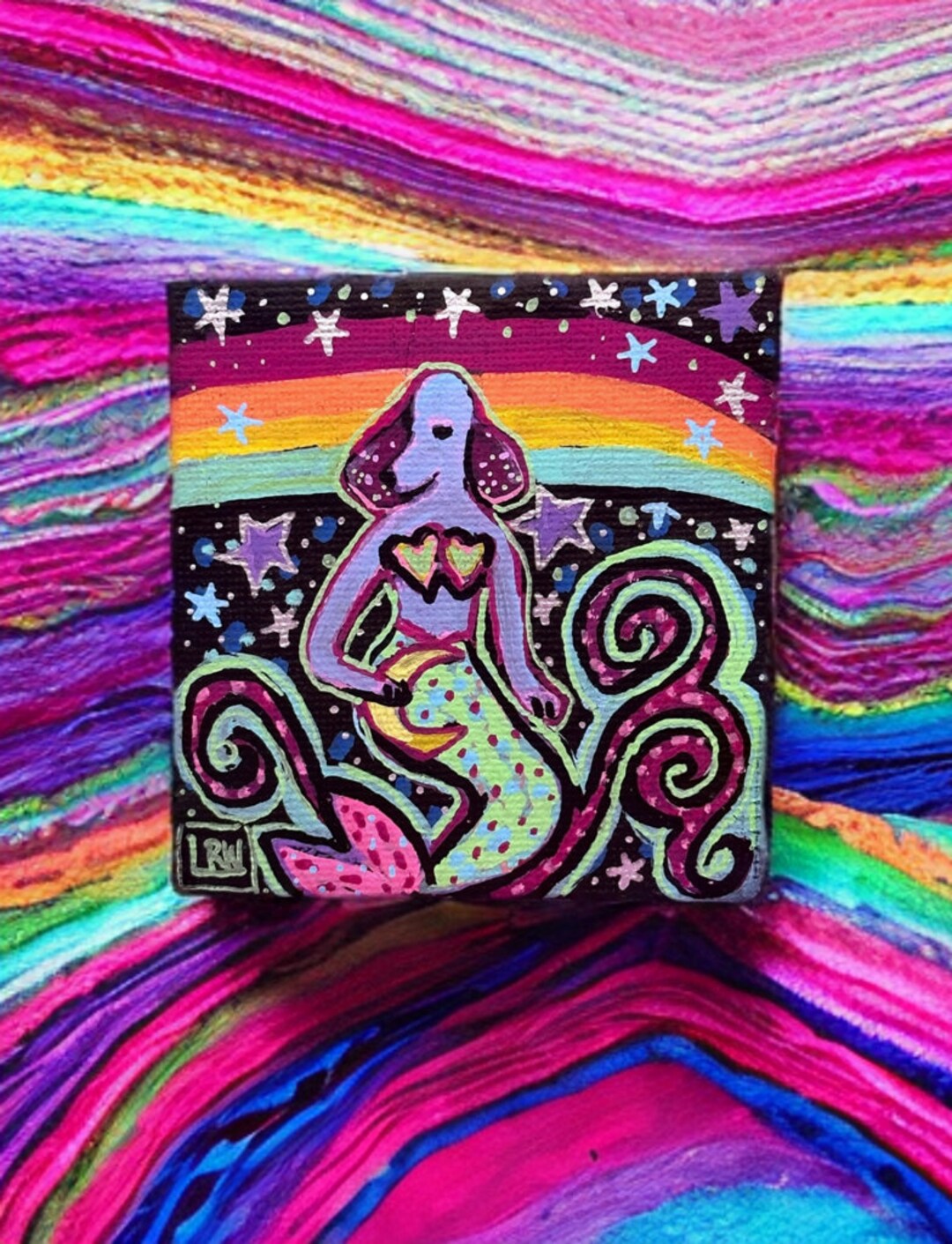 Cosmic Rainbow Love Mermaid Poodle Mini Painting | Original 3x3 Canvas ...