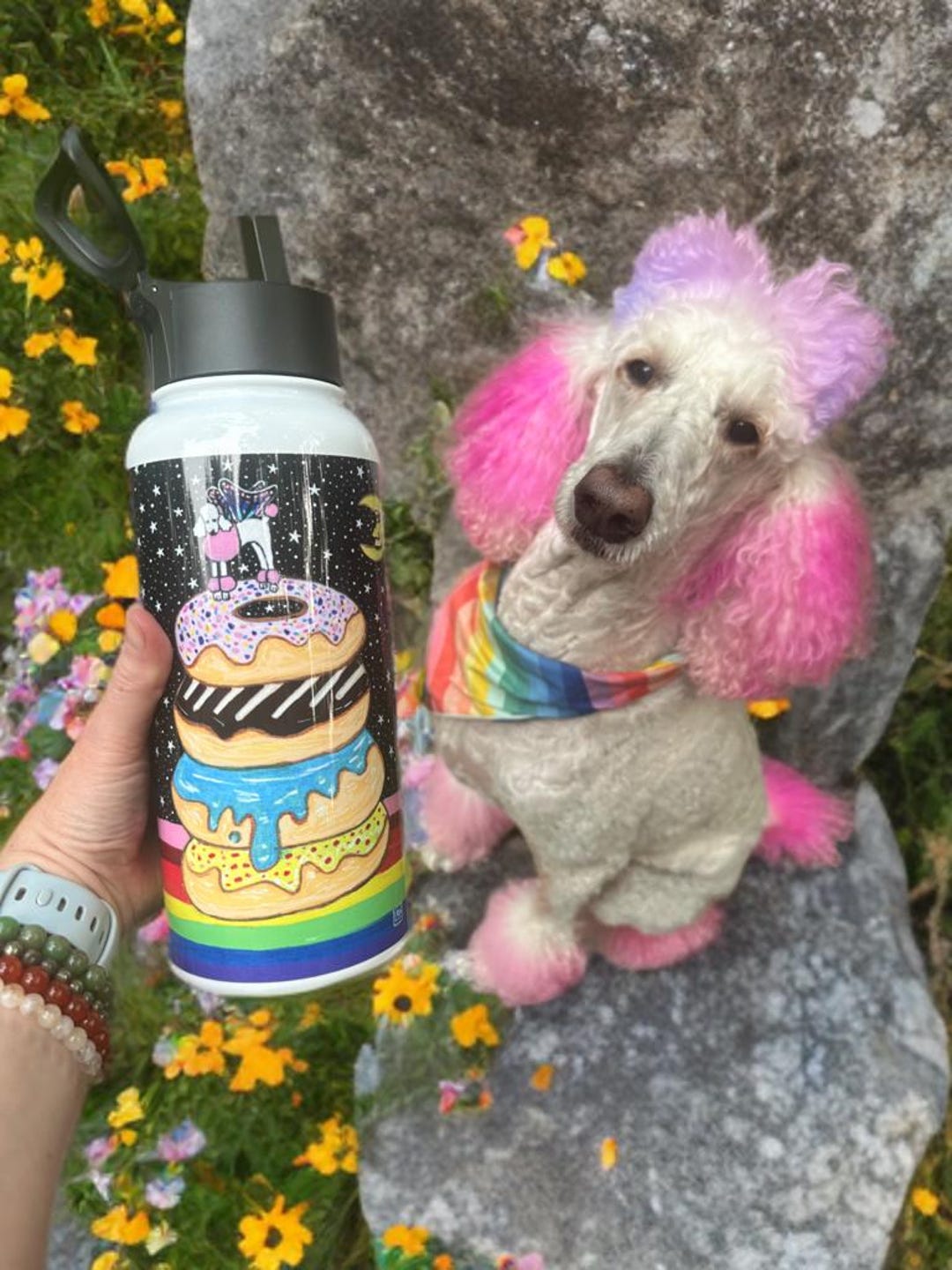 Poodle With Donut Stack Stainless Steel Water Bottle With a Straw Lid ...