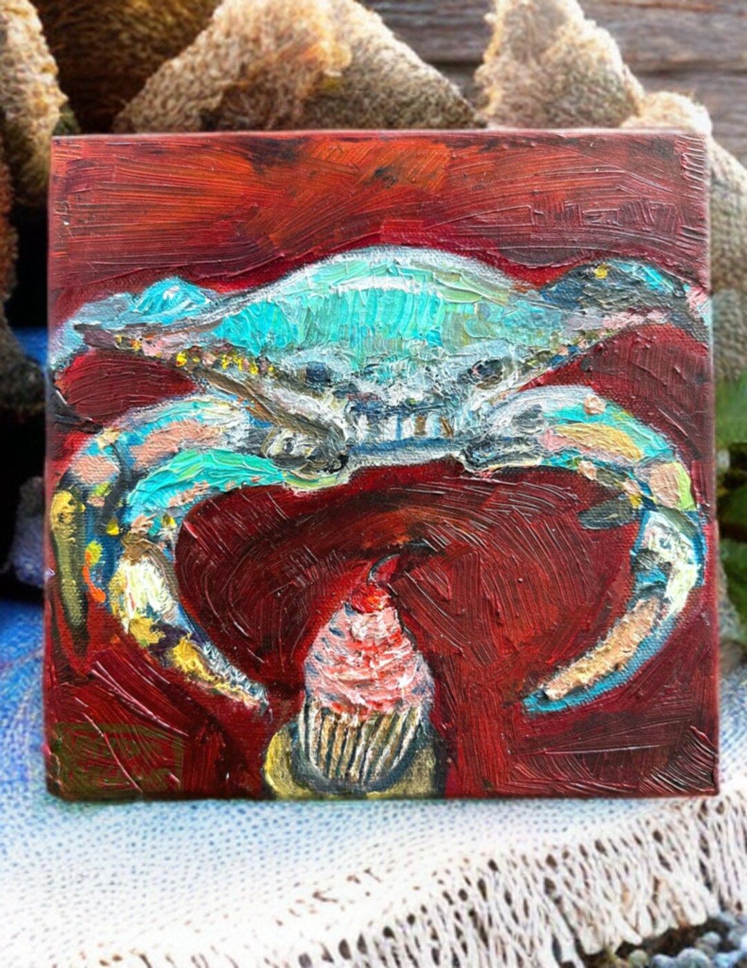 Blue Crab Painting, 8x8x1.75 Inch Oil on Canvas, Abstract Crab Painting ...