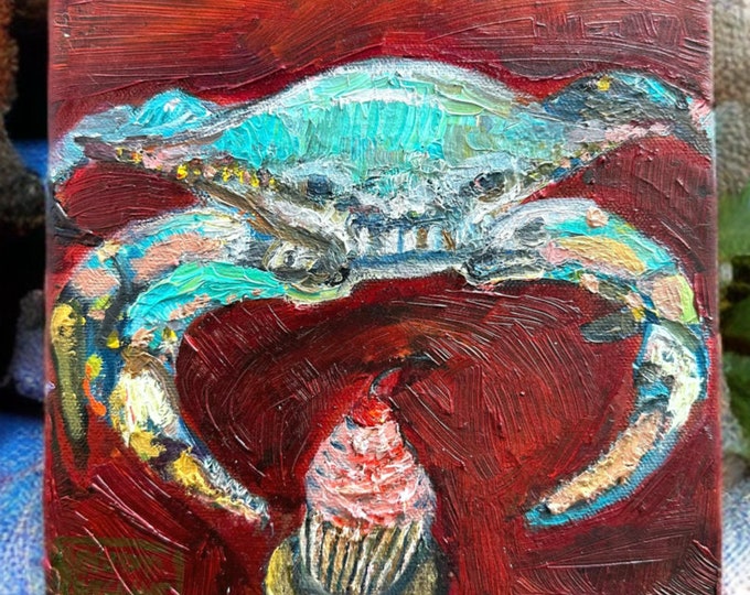Blue Crab Painting, 8x8x1.75 Inch Oil on Canvas, Abstract Crab Painting ...
