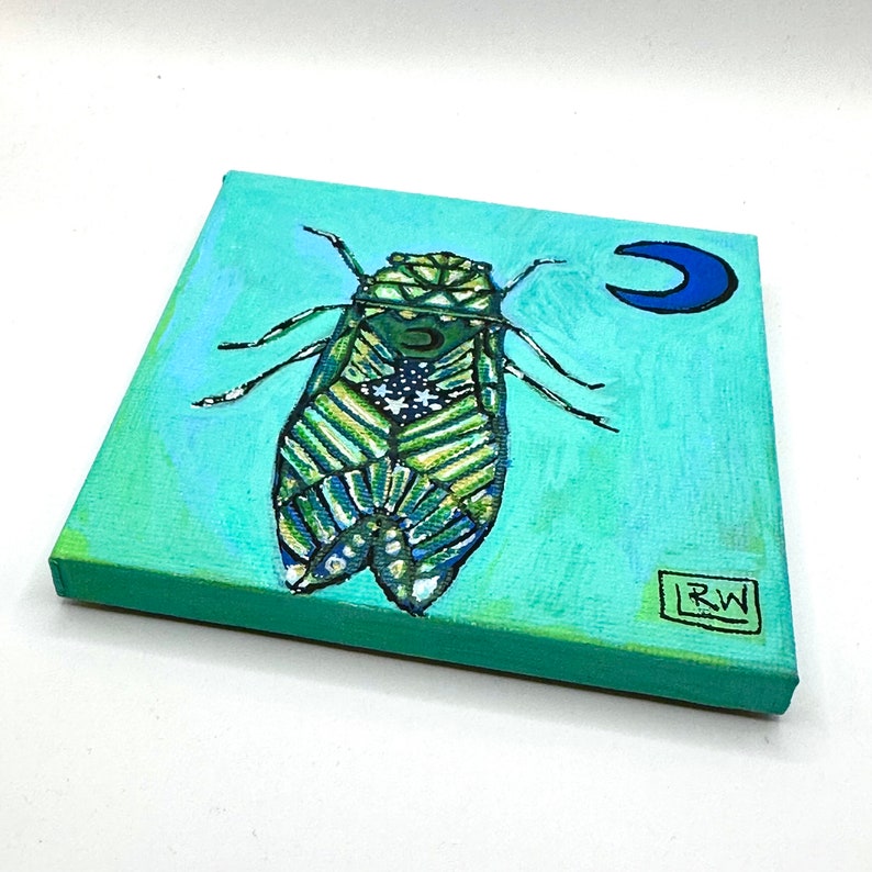 Cicada Painting: Original Acrylic Art on Mini Canvas (4x4 Inch) - Etsy