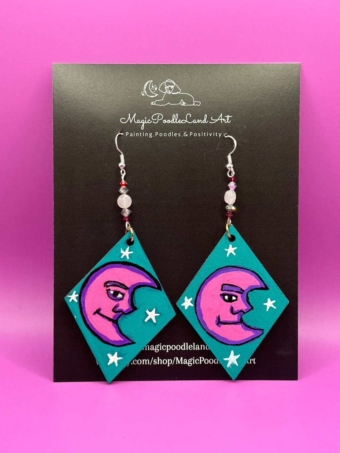 Magical Hand Painted Pink Moon Face Wood Earrings With Rose Quartz, Hot ...