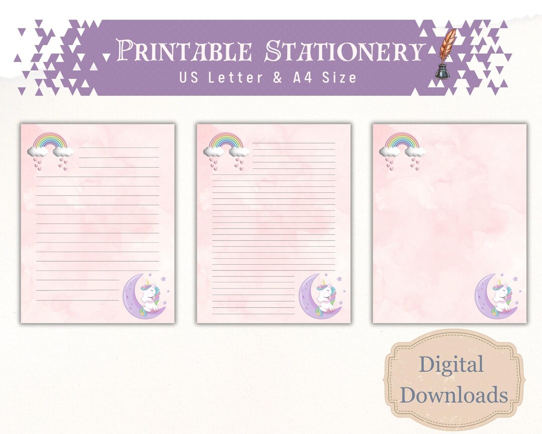 Printable Stationery, Unicorn Design Writing Digital Paper, Instant ...