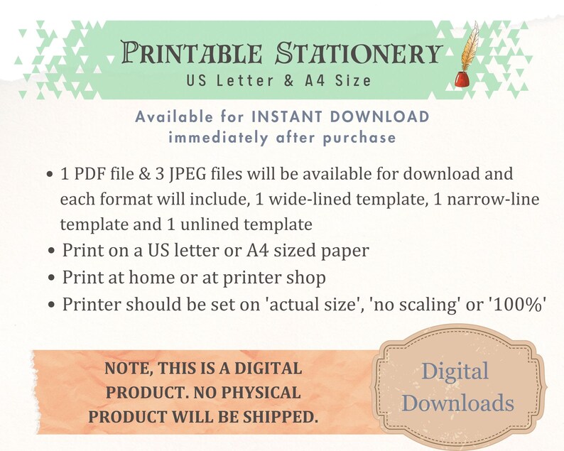 Printable Stationery, Retro Sun Design Writing Digital Paper, Instant ...