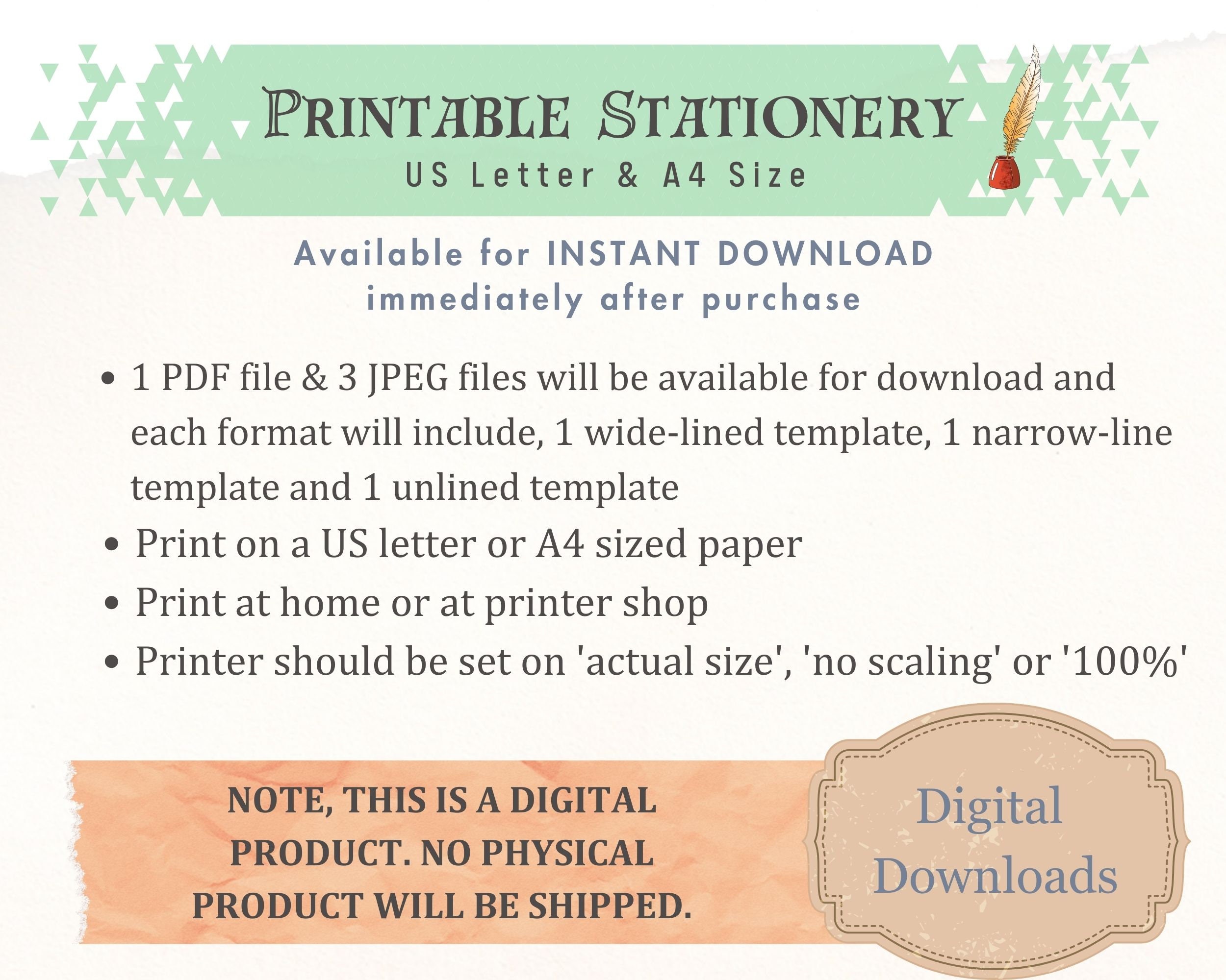 Printable Stationery, Retro Sun Design Writing Digital Paper, Instant ...