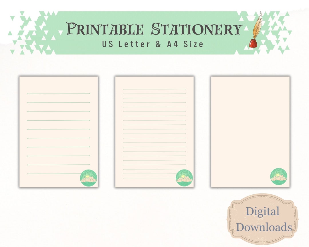 Printable Stationery, Retro Sun Design Writing Digital Paper, Instant ...