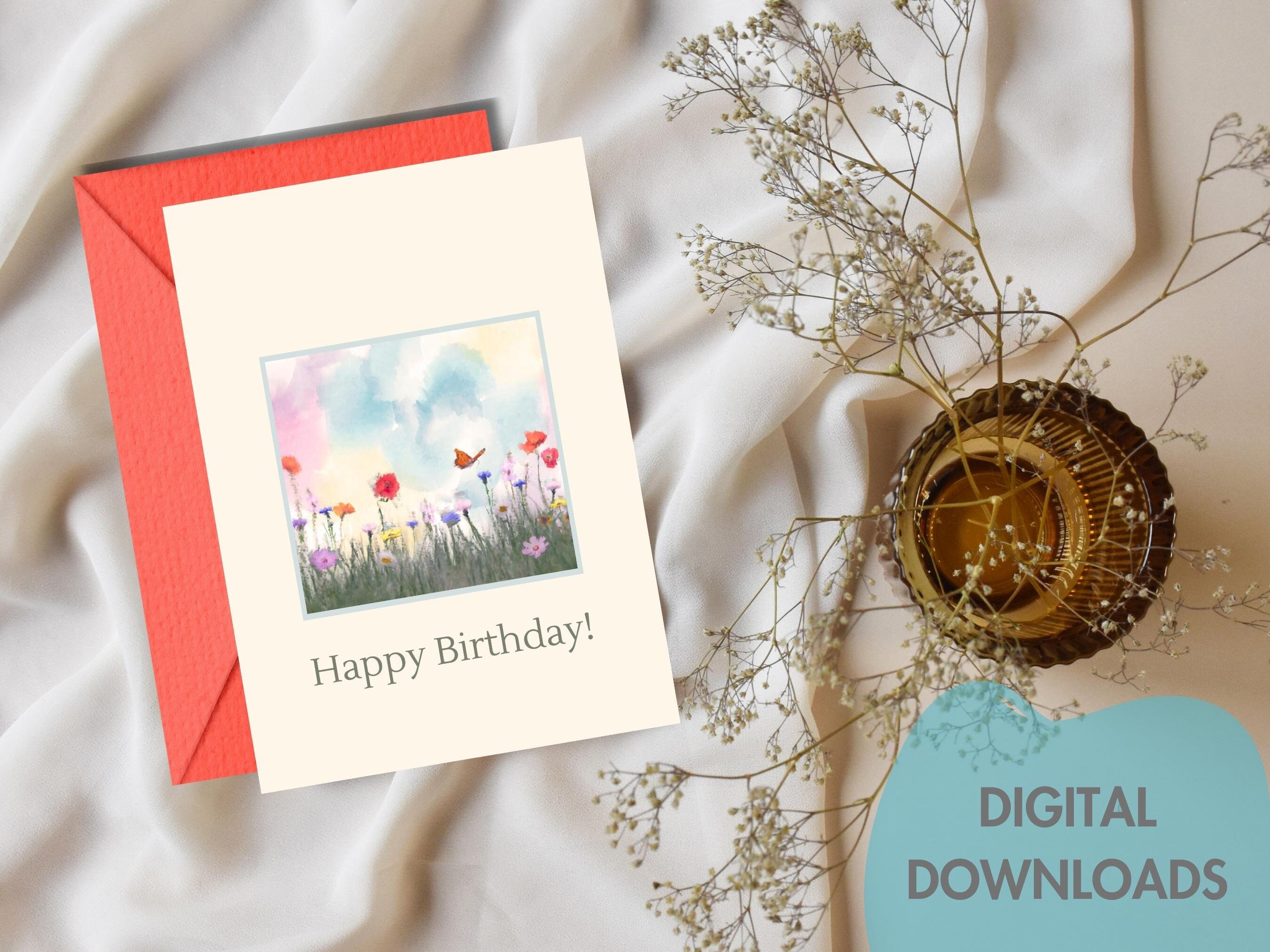 Printable Birthday Card, Digital Card With Flower Fields Design, Retro ...